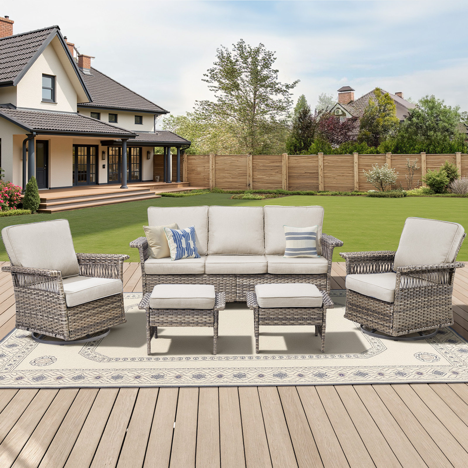 Ebern Designs 5 Pieces Wicker Patio Conversation Sets-Swivel Patio ...