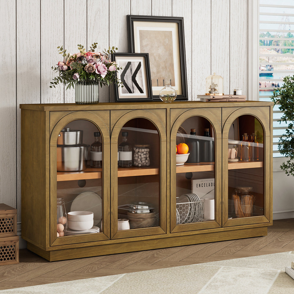 George Oliver 4-Door Large Storage Buffet Cabinet with Glass Doors, Arched Cabinet with ...