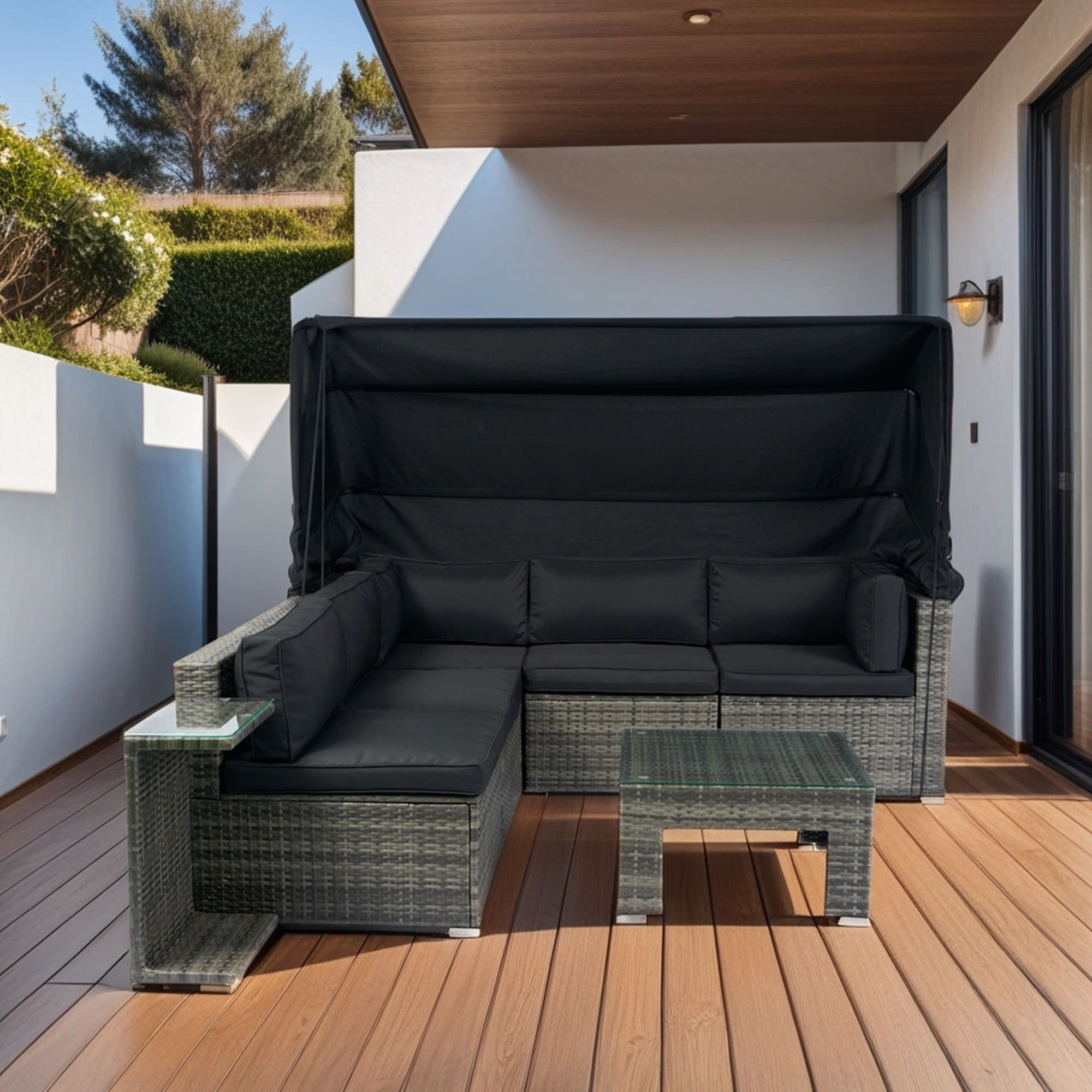 Latitude Run® 7-Piece Patio Furniture Set w/Retractable Canopy Wicker ...