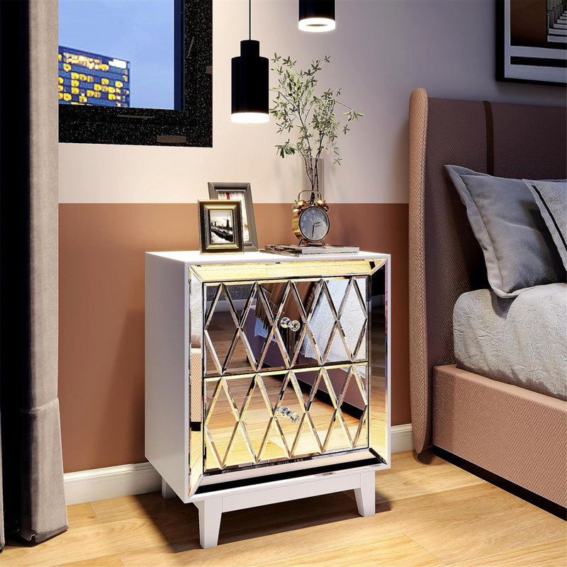 Abrahams Mirrored Nightstand with 2 Drawers, Silver Night Stand, Mirror ...