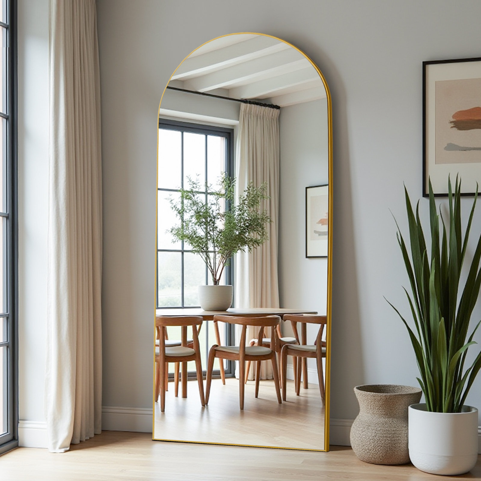 Ebern Designs Wooden Right-Angled Arched Full-Length Mirror With Stand ...