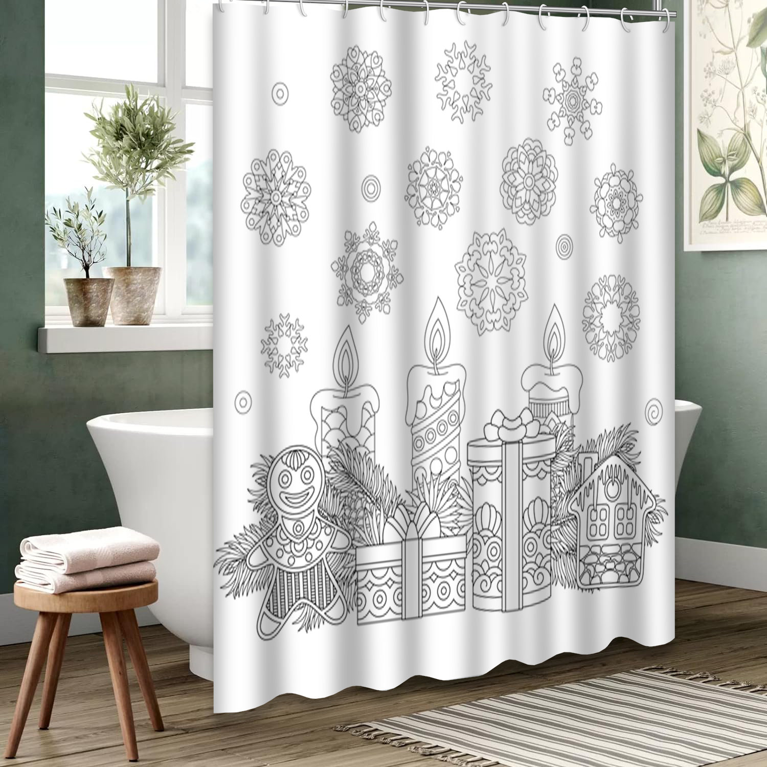 The Holiday Aisle® Black Flake Waterproof Shower Curtain,Coloring with Christmas Ornaments ...