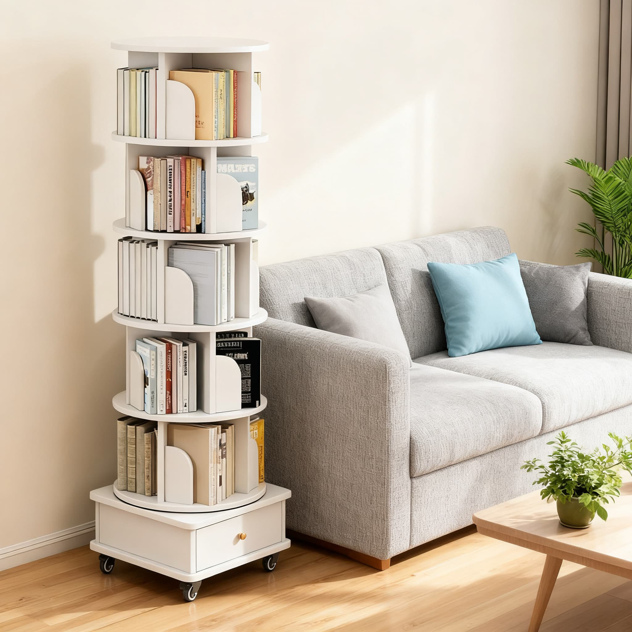 Latitude Run® 360° Rotating 6-Tier Bookshelf With Locking Wheels And ...