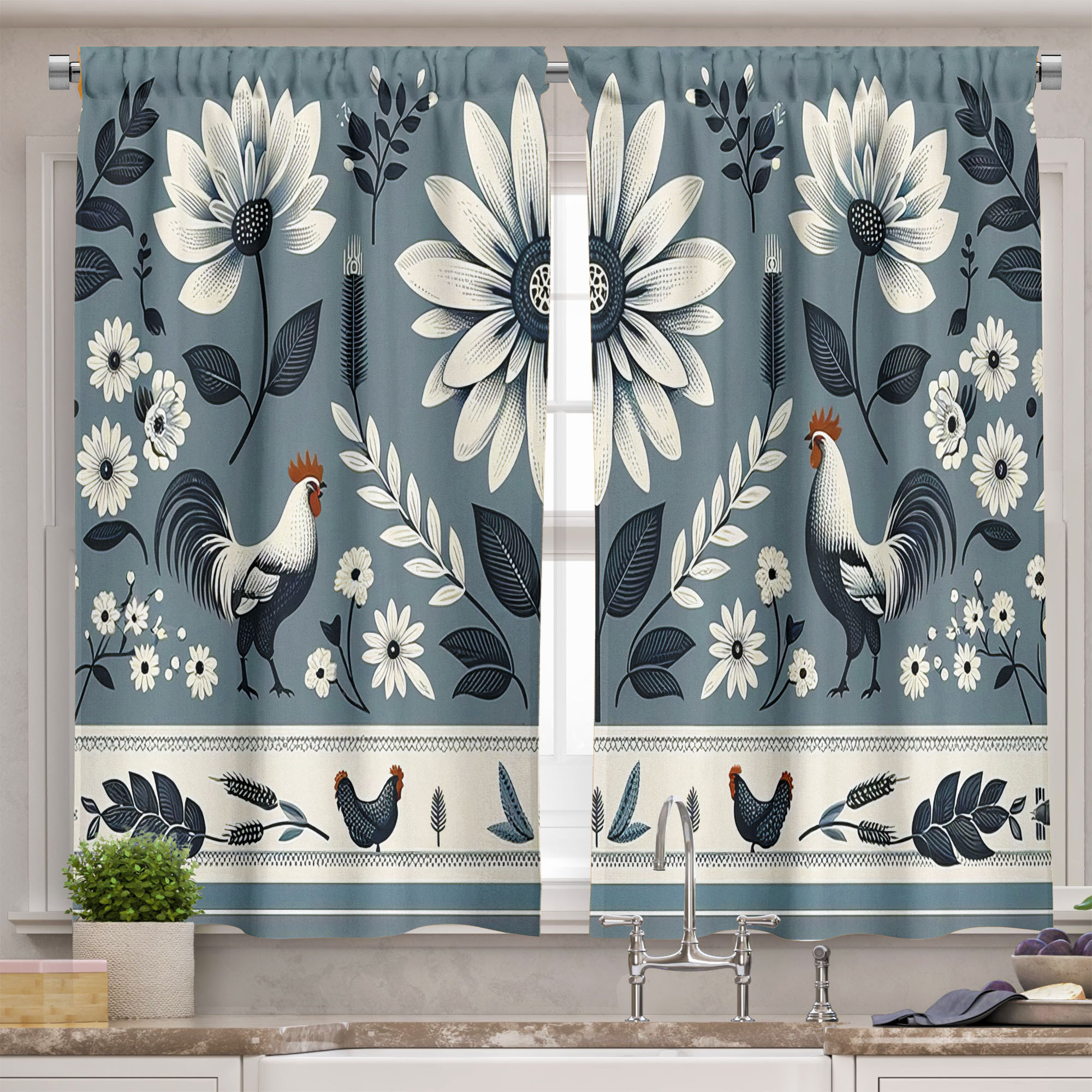 Ambesonne Farmhouse Valance & Curtain Muted Colors Folk Barn Blue Grey ...