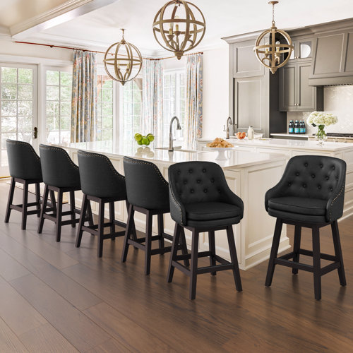 Wildon Home® Chela Vigen Upholstered Button-Tufted Barstool with Solid ...