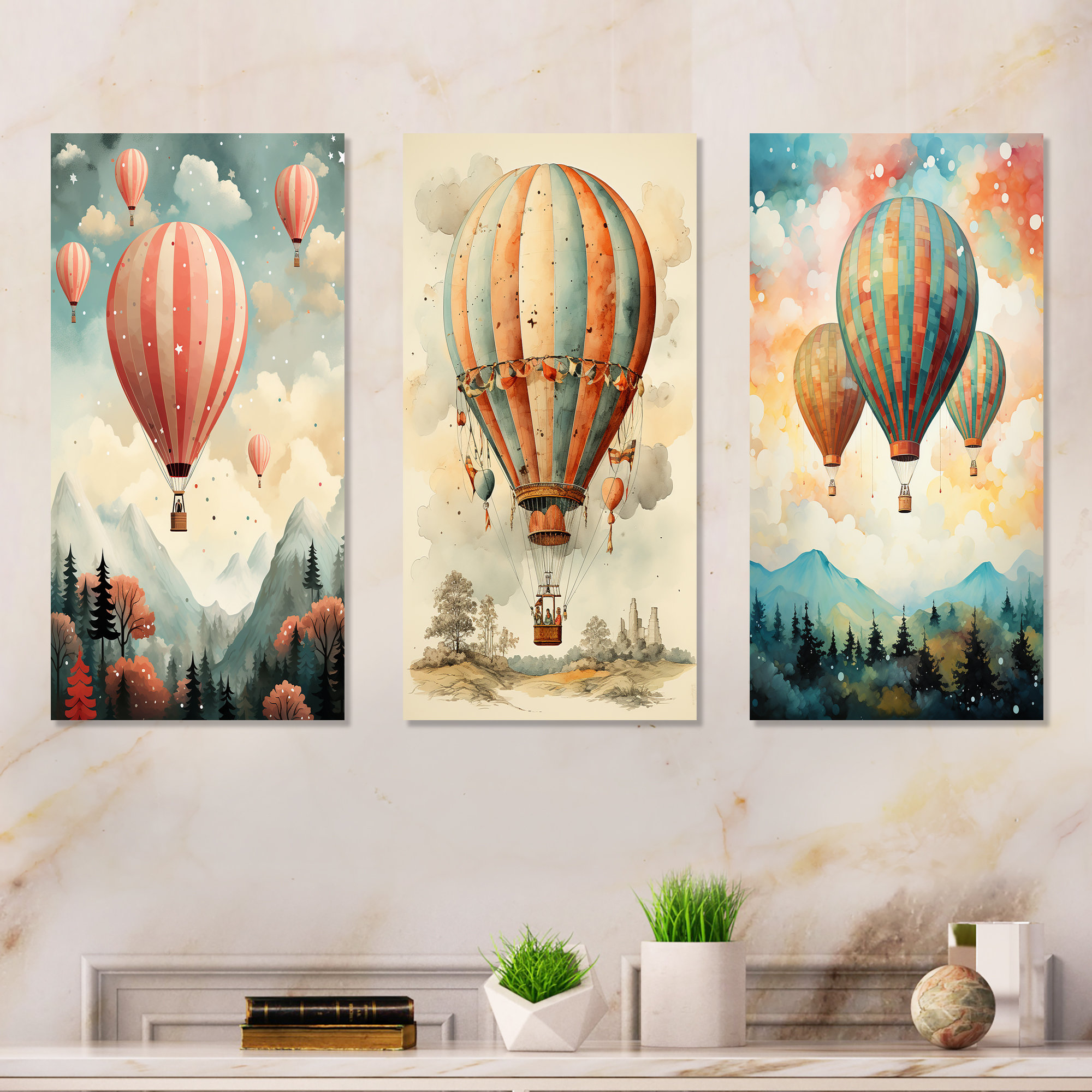 Latitude Run® Classic Hot Air Balloon Charm - Hot Air Balloon Metal Art Print Set Of 3 | Wayfair