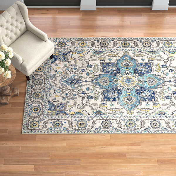 Lark Manor Uriah Oriental Machine Woven Blue/Cream/Yellow Area Rug ...