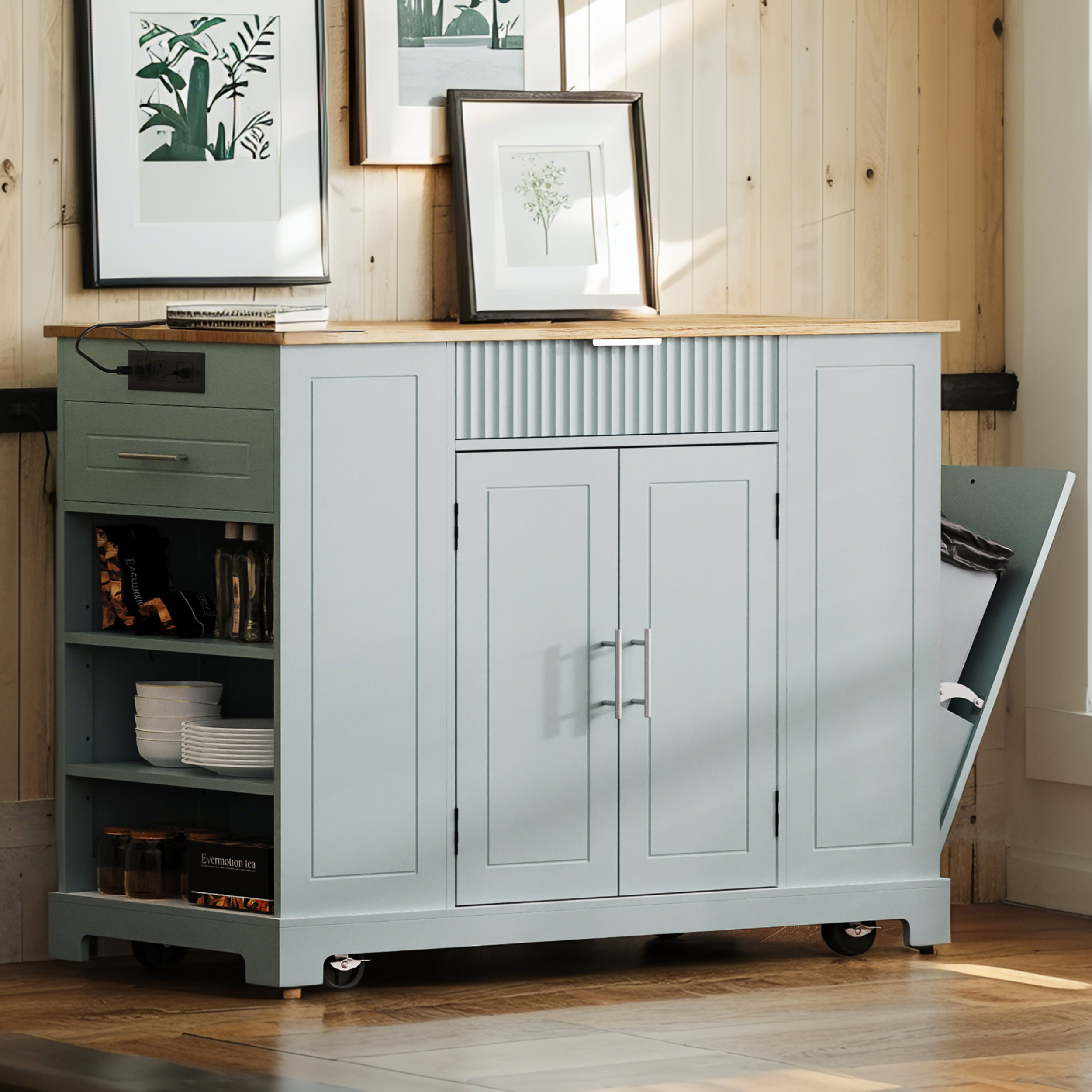 Lark Manor™ Fluted Kitchen Island With Trash Can Storage Cabinet, Power ...