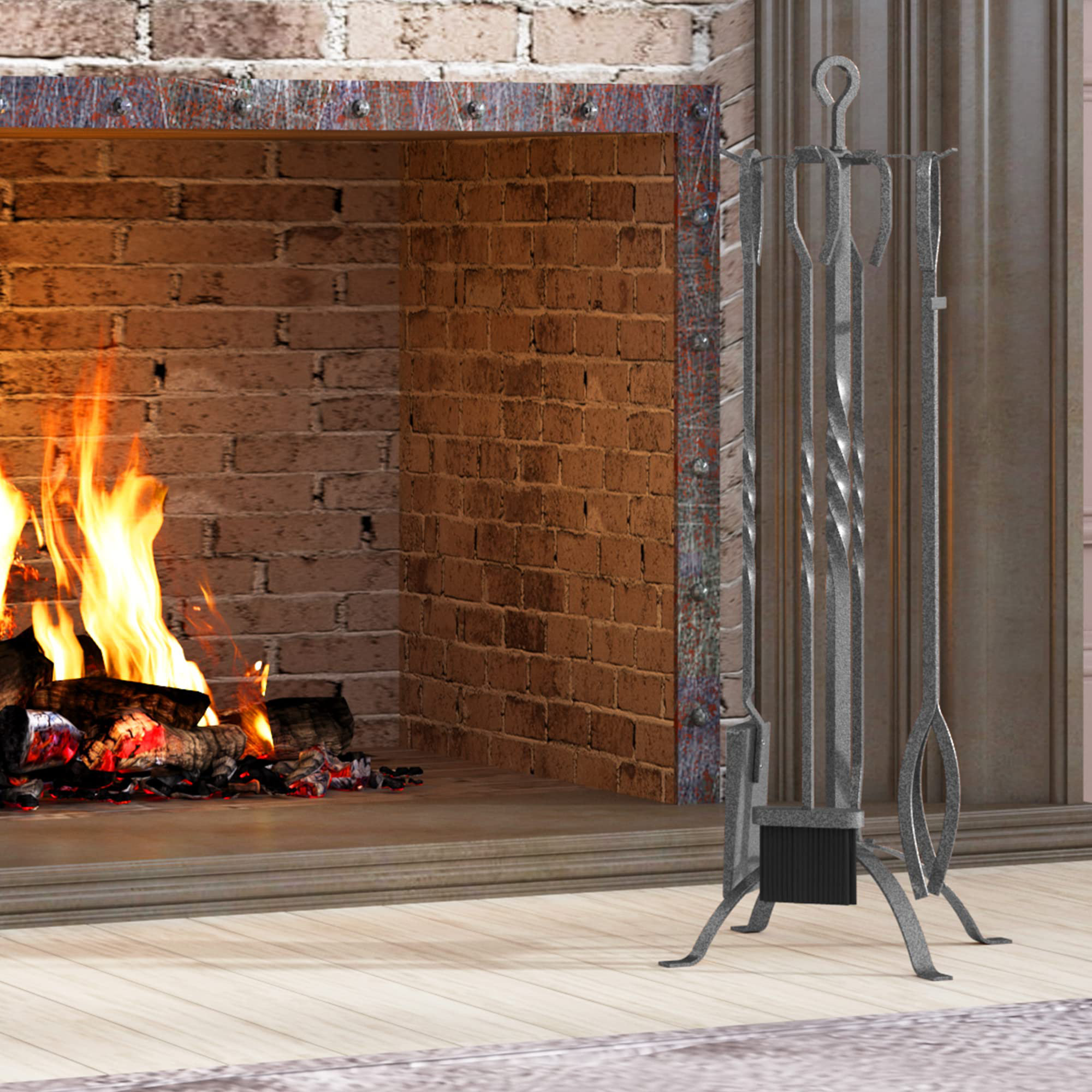 Arlmont & Co. 5-Piece Pewter Fireplace Tool Set With Ergonomic Handles ...