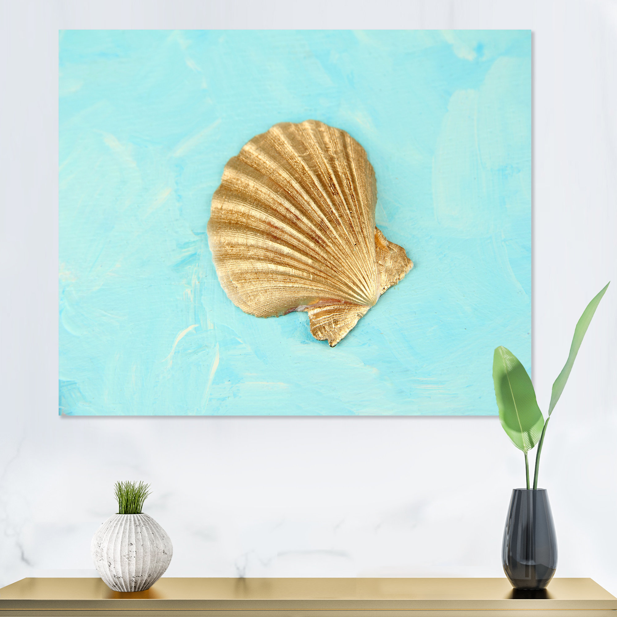 East Urban Home Golden Seashell On Light Blue - Nautical & Coastal ...