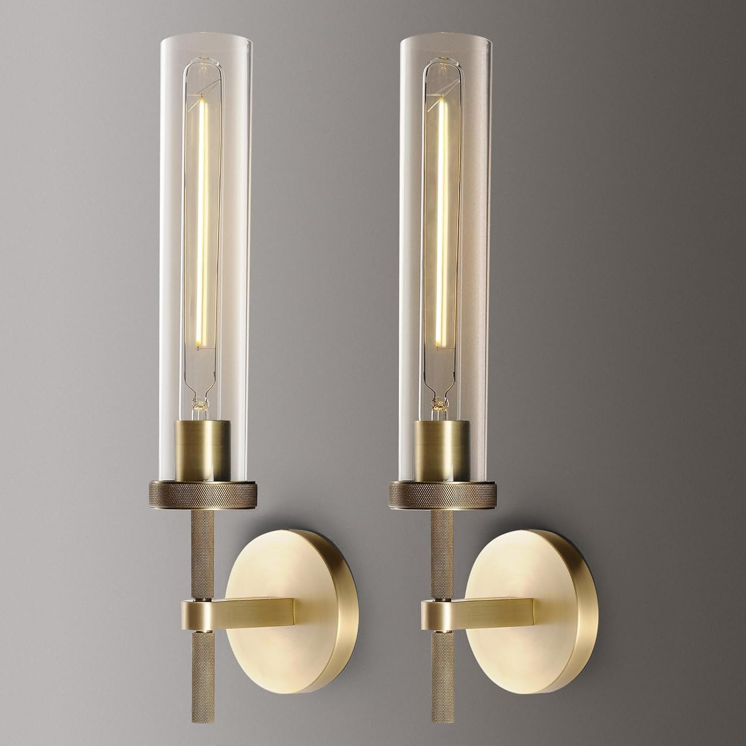 Everly Quinn Martajah Solid Brass Wall Sconces with Tube Glass (Bulbs ...