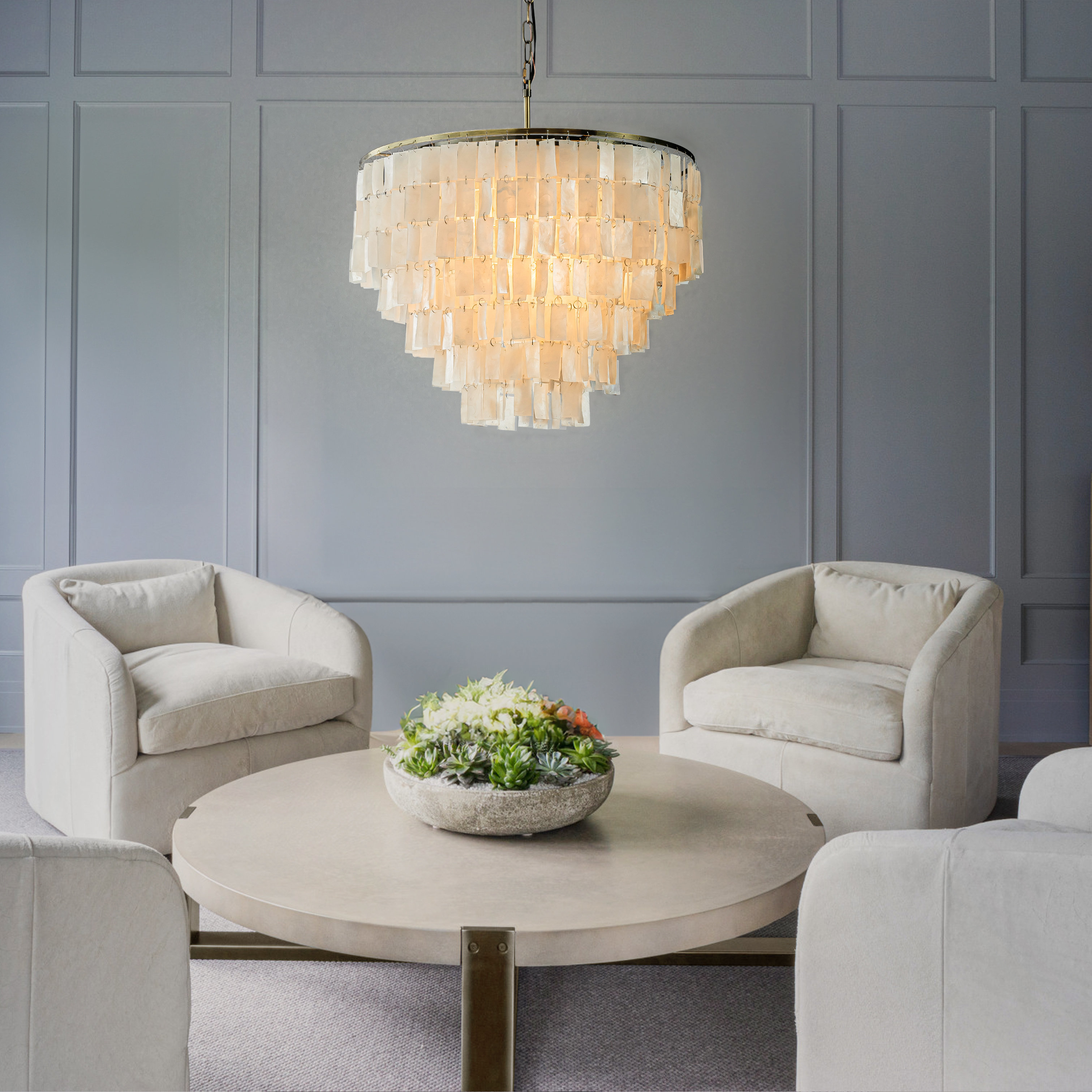 Mercer41 Pettisville Farmhouse Coastal Shell / Capiz Tiered Chandelier ...