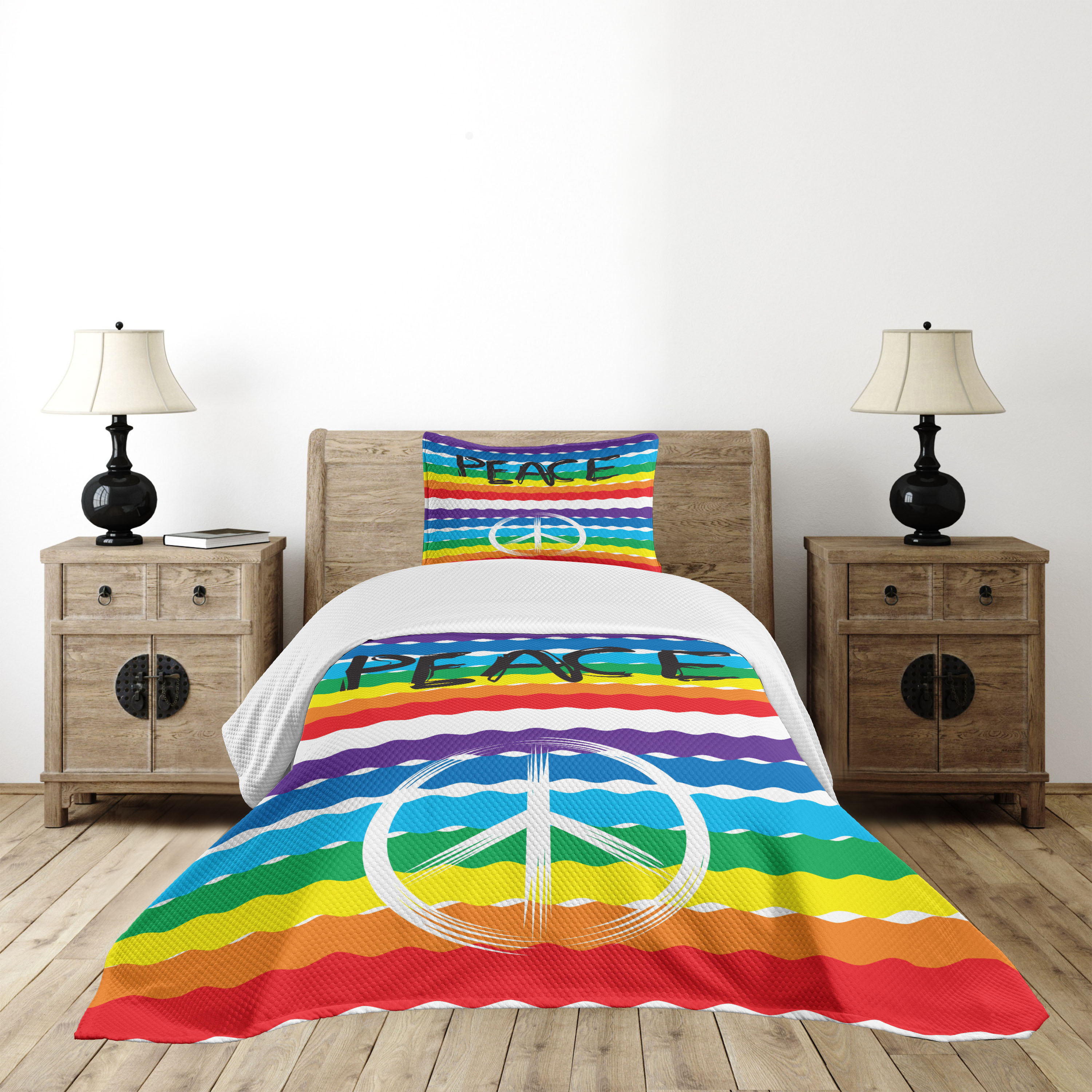 Ambesonne Retro Bedspread Set Stripes Peace Lettering Multicolor | Wayfair