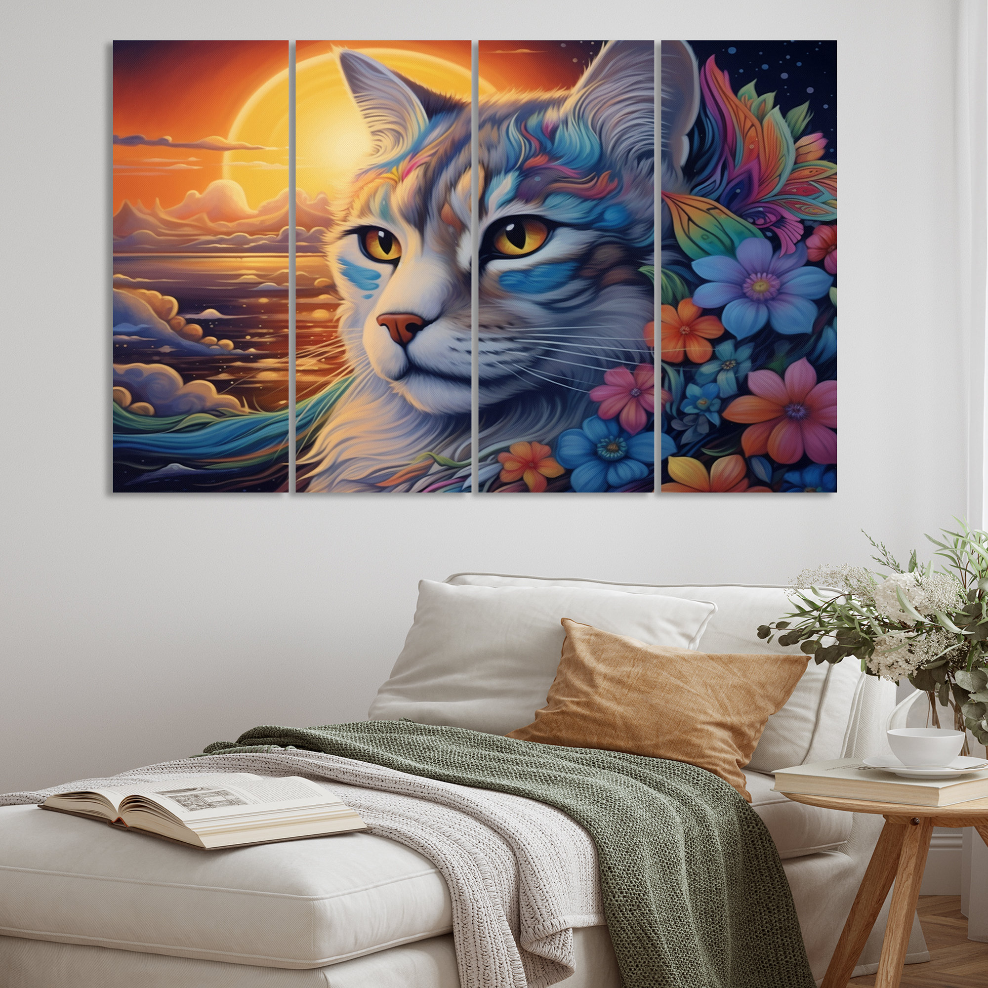 Winston Porter Glorious Cat with Rainbows Flower at Sunset - 4 Piece ...