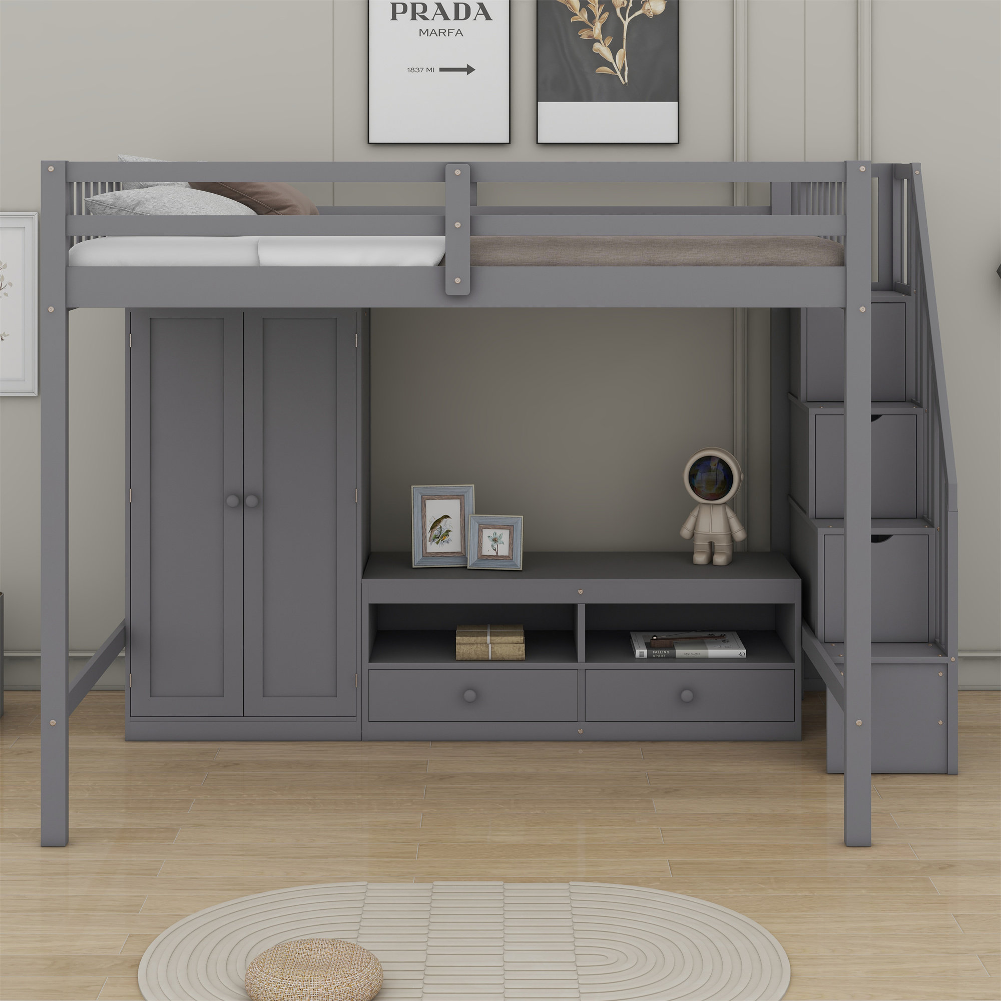 Harriet Bee Loft Bed Frame With Wardrobe,Low Storage Table And Storage ...
