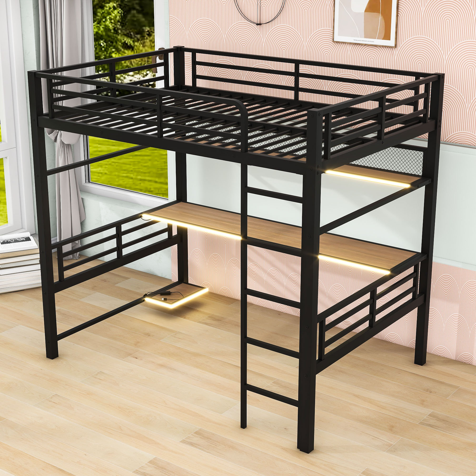 Mason & Marbles Barrone Full Size Loft Bed With Desk And Shelves, LED ...