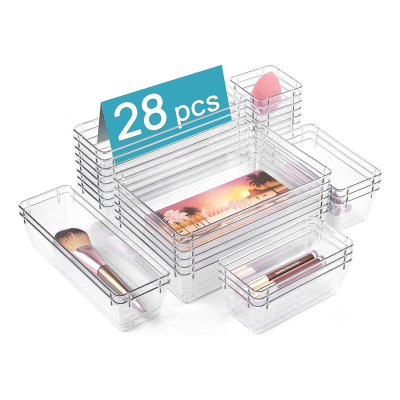 Rebrilliant 28PCS Clear Plastic Drawer Organizers Set, 4-Size Bathroom ...
