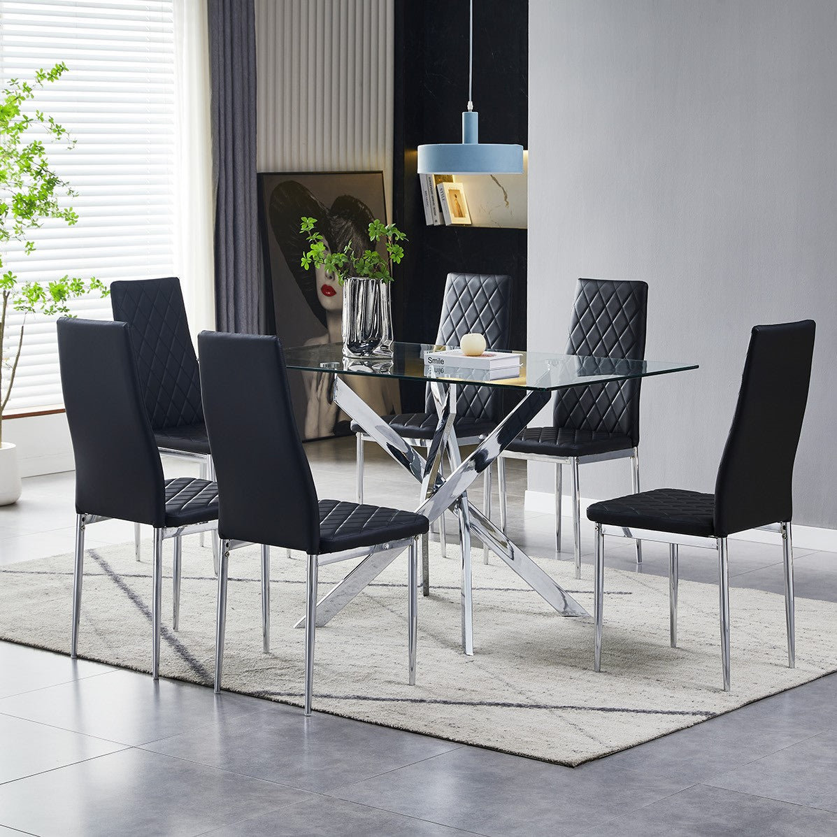 Ivy Bronx 7-Piece 51.18” Tempered Glass Table with Luxury Faux Leather ...