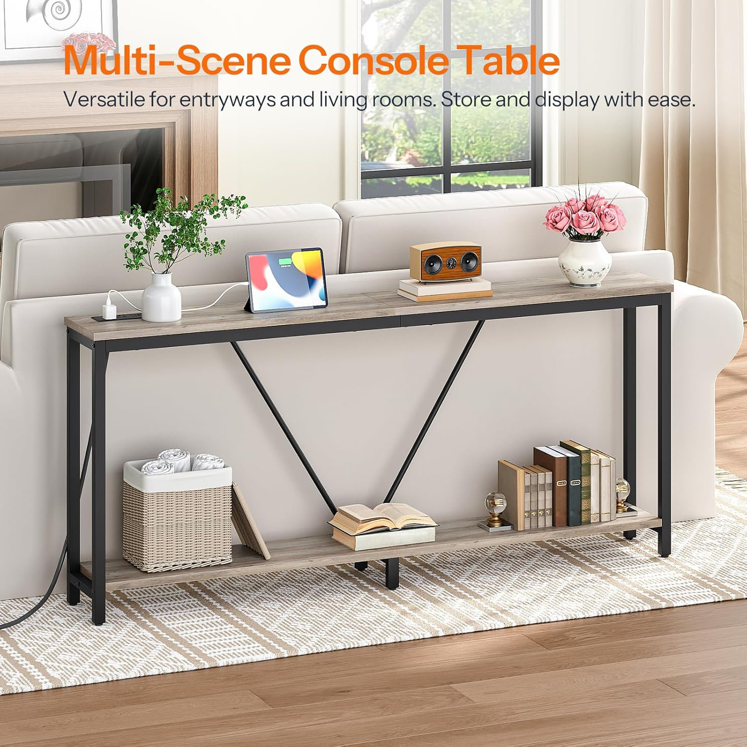 17 Stories Extra Long Sofa Console Table With Charging Station, 2-Tier Behind Couch Table With V ...