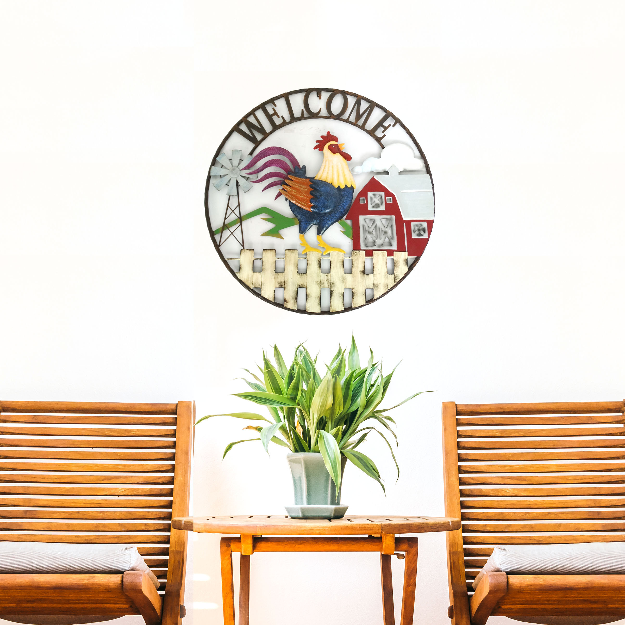 Alpine 30"H Large Round Rooster and Farm Welcome Wall Sign | Wayfair