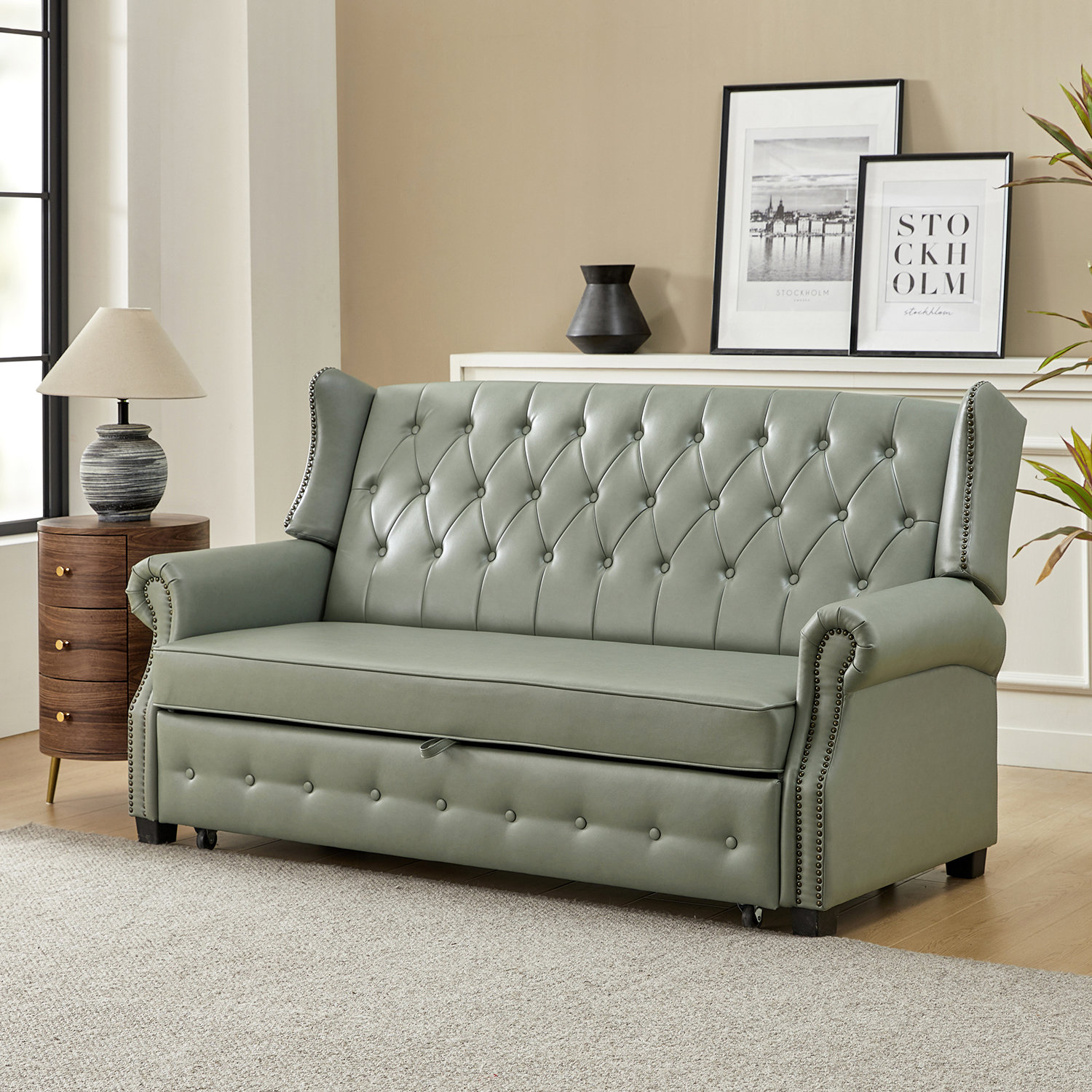 green button back sofa