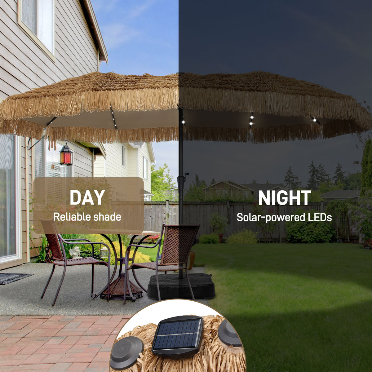 Arlmont & Co. 15FT Thatch Umbrella Tiki Bench umbrella With Base&Solar ...