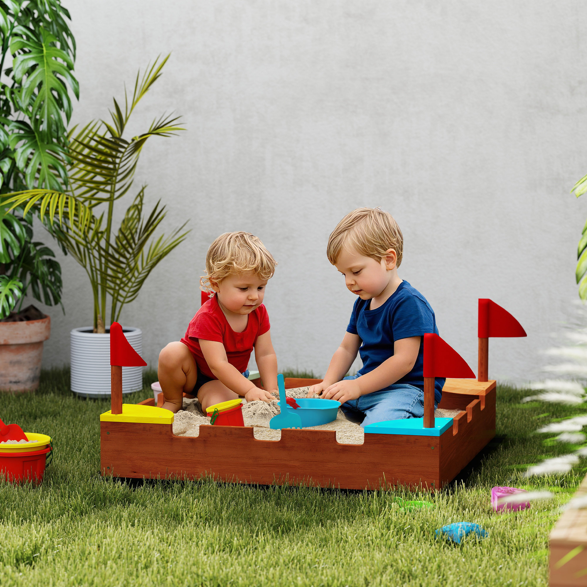 Qaba Kids Wooden Sandbox, Sand Pit with Flags, 4 Seats, Ground Liner ...
