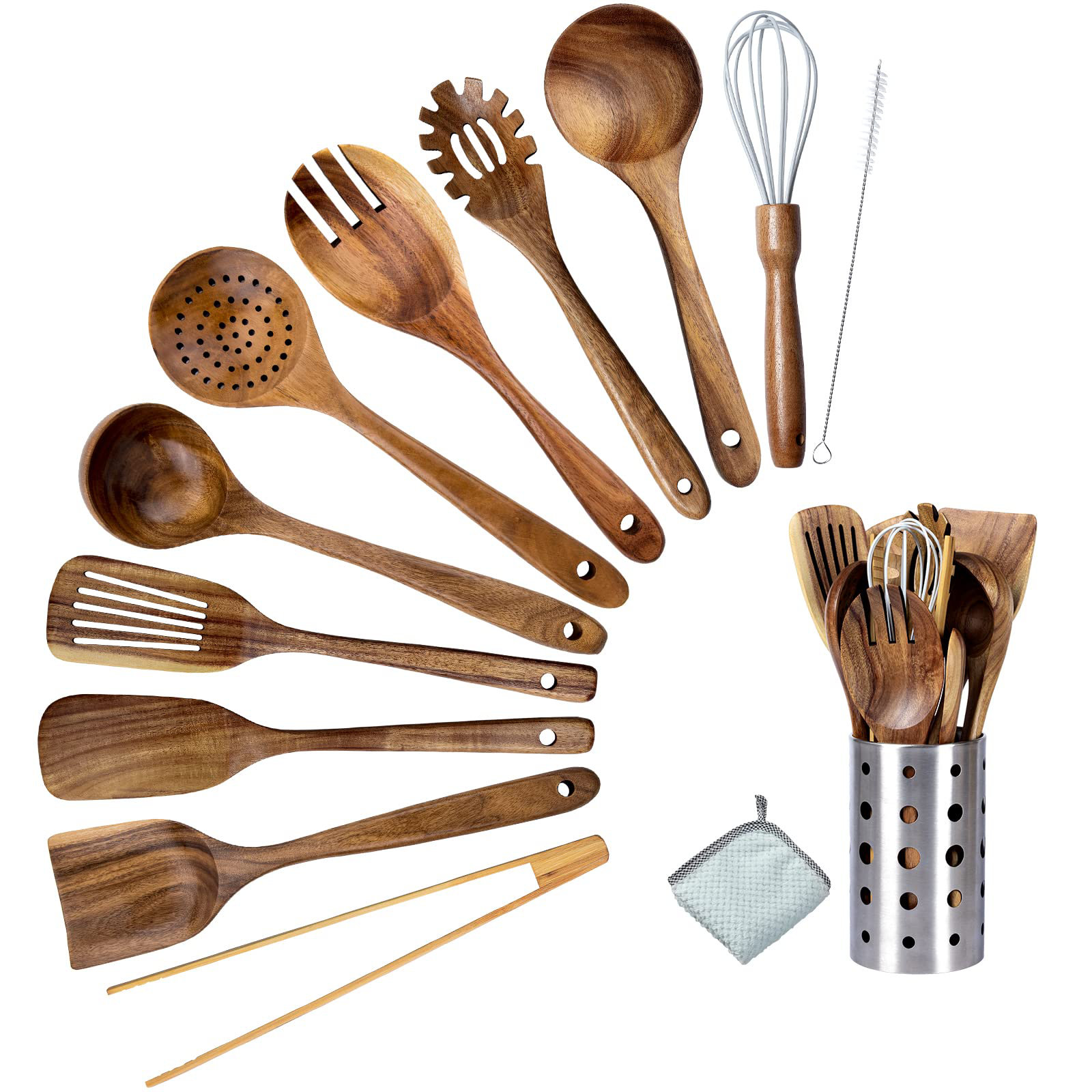 wuyi Natural Teak Wood Cooking Spoon Set - 11 Piece Utensils Kit For ...