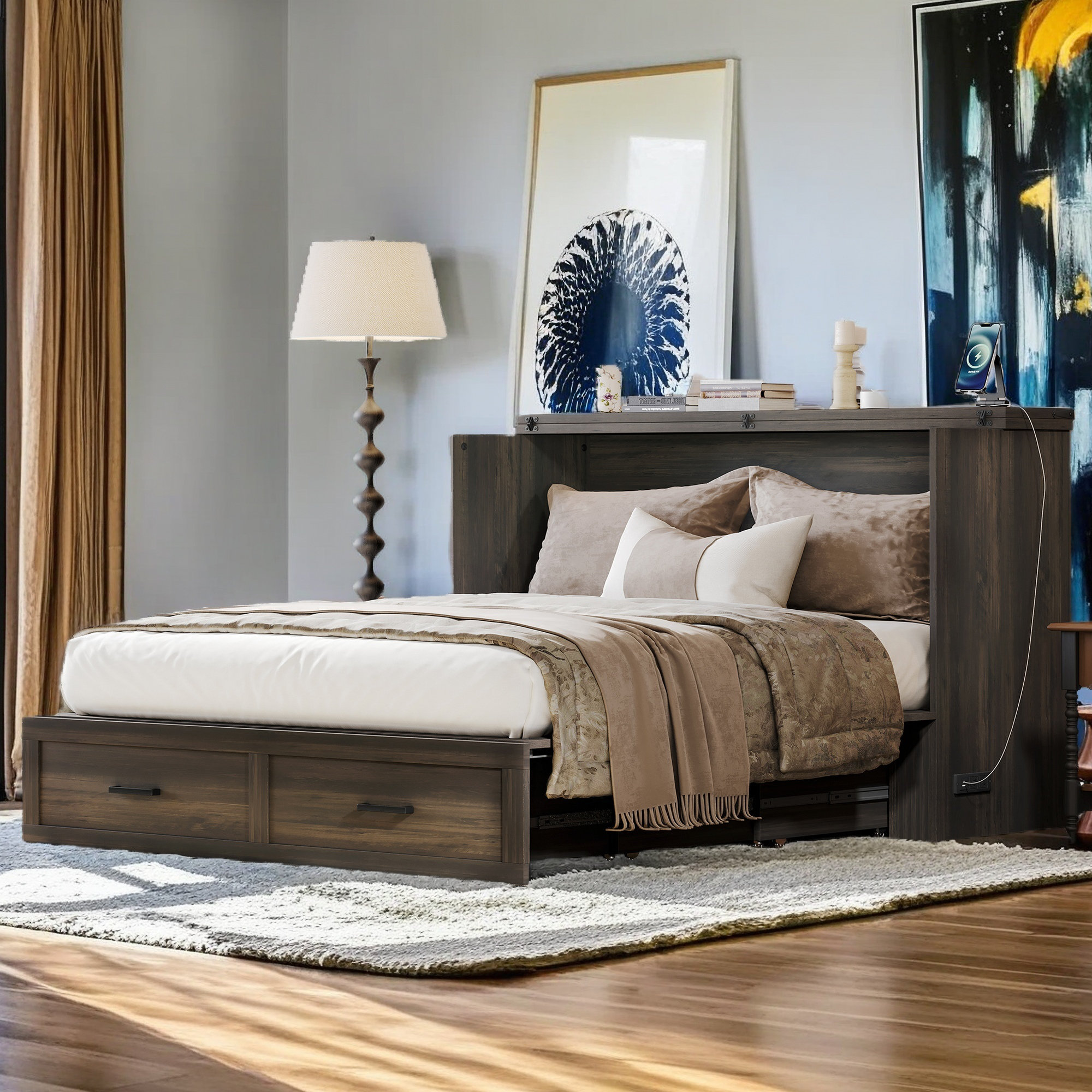 Gracie Oaks Farmhouse Murphy Cabinet Bed With Charging Station ...