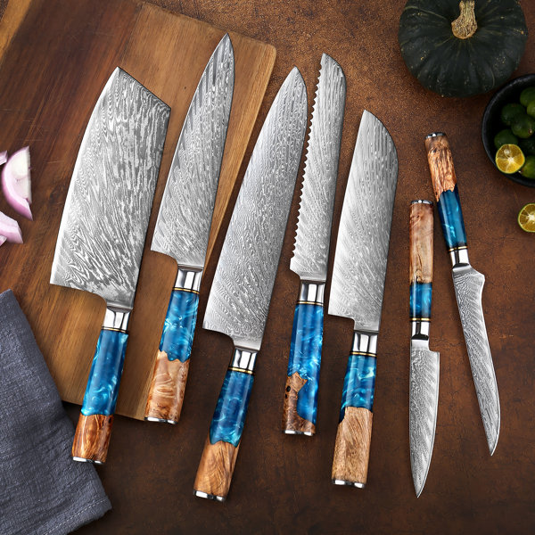 Senken Knives 7-Piece Damascus Steel Japanese Knife Set - Tsunami ...
