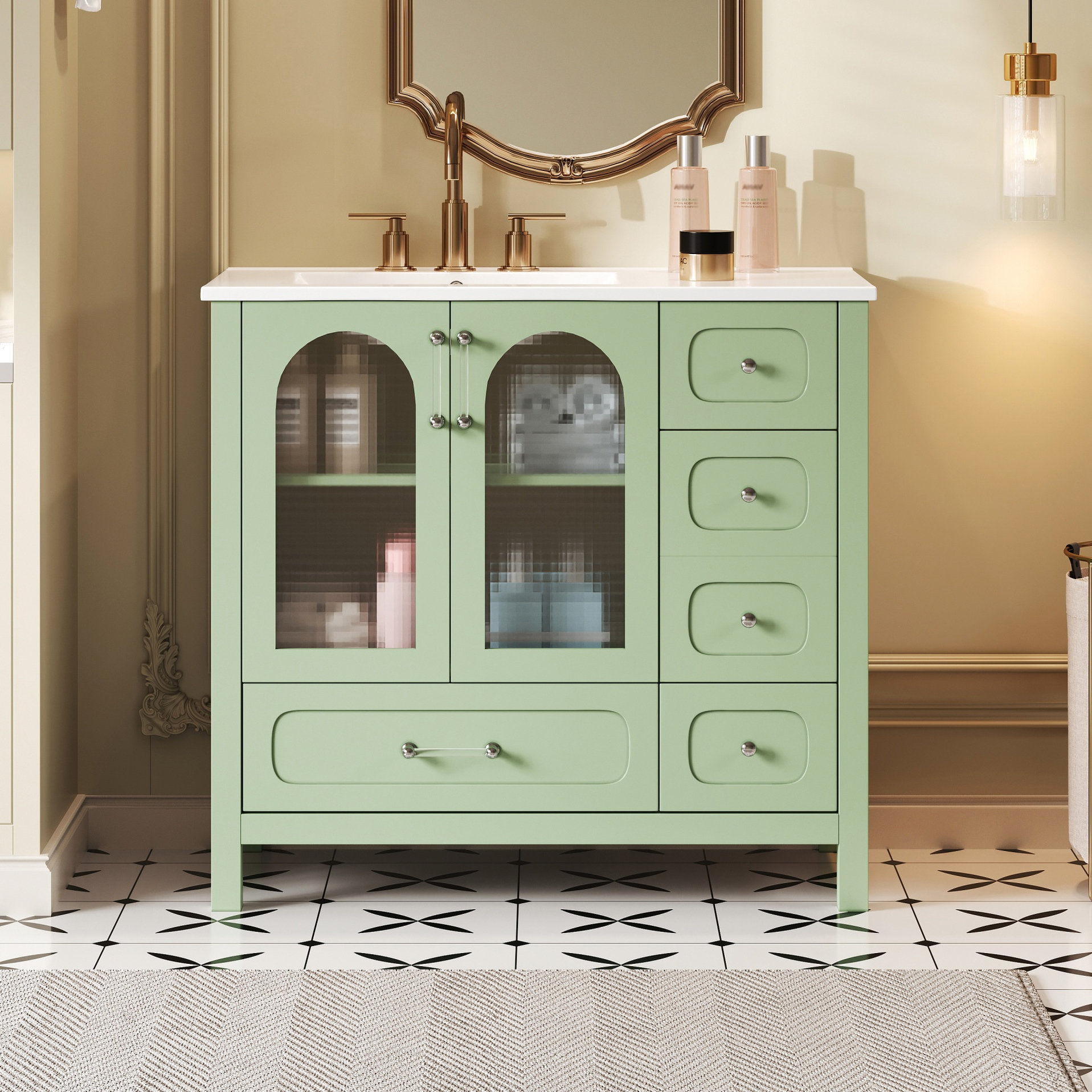 Ebern Designs 36” Bath Vanity Featuring Waffle Texture Doors, Four ...
