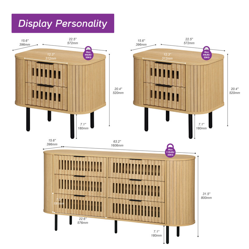 Ebern Designs Mid-Century Style 3-Piece Dresser Set with Two ...