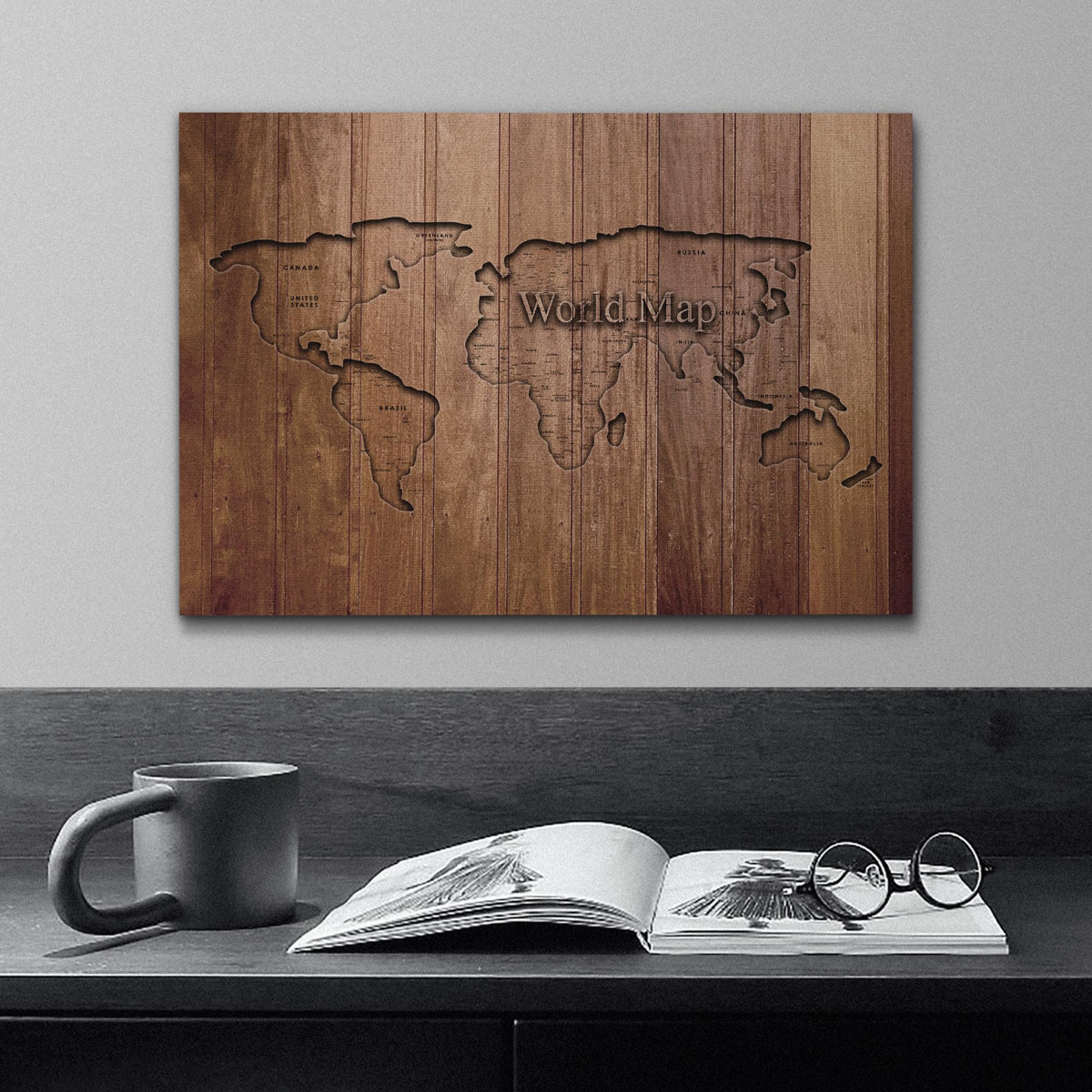 IDEA4WALL World Map Wood Effect Panel 2 Vintage Pictures On Canvas ...