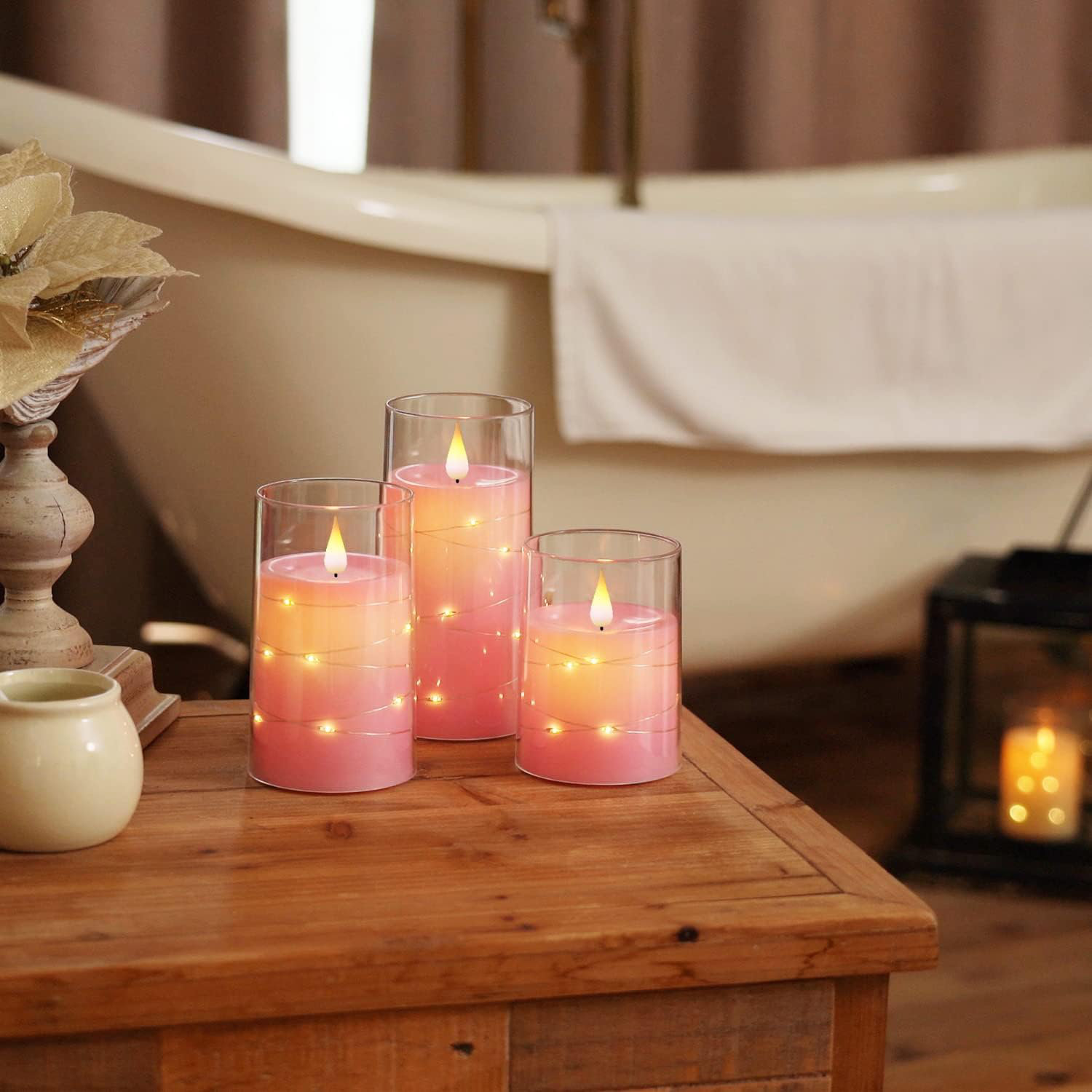 Latitude Run® Flickering Flameless Candles With String Lights, Battery ...
