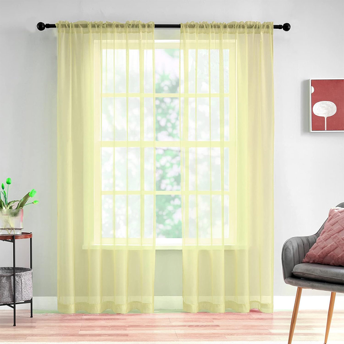 Ebern Designs 2 Pcs/Set Solid Color Sheer Curtains, Transparent Window ...