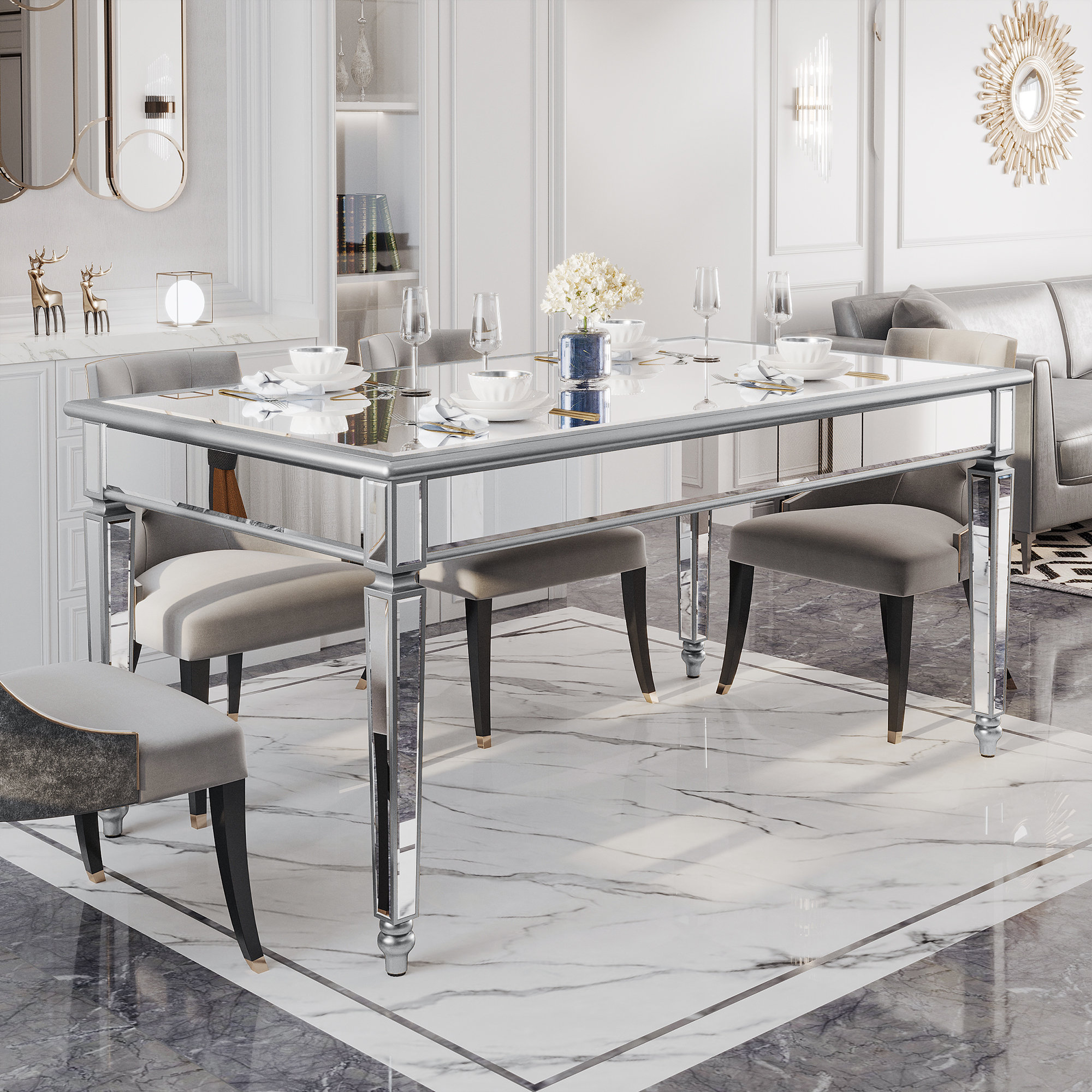 House of Hampton® ?Mirrored Top Dining Table With Solid Wood Legs ...