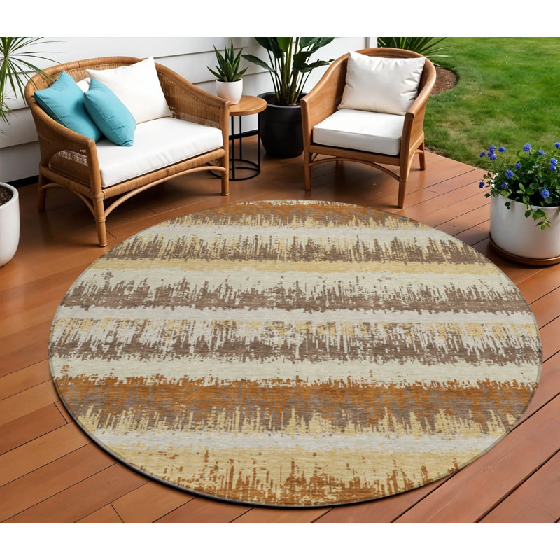 HomeRoots 8' Brown Beige And Ivory Round Striped Washable Indoor ...