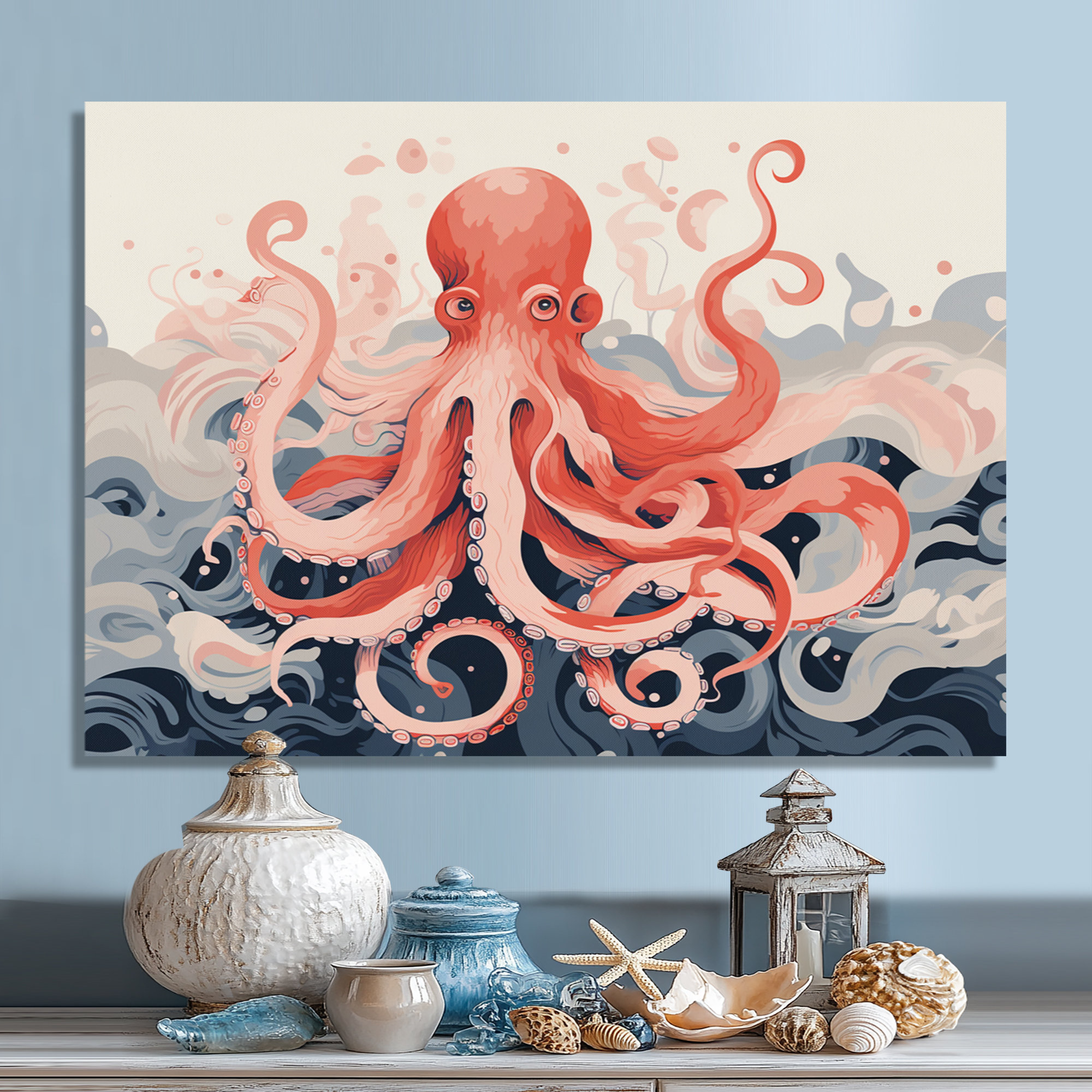 Highland Dunes Octopus Queen On The Waves Retro Illustration - Octopus ...