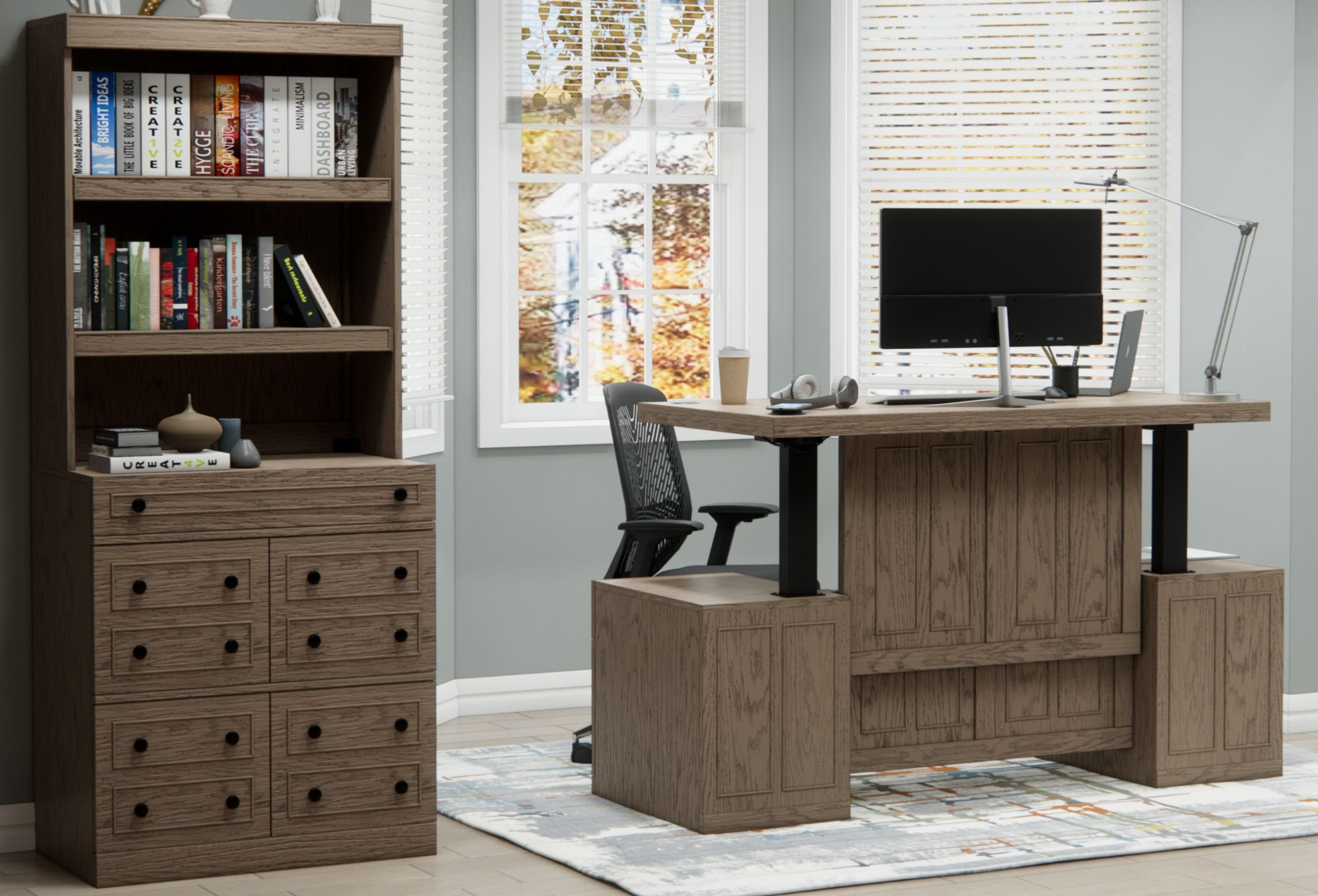 Hokku Designs Junxian Sit-Stand Storage Desk with File Drawer Bookcase ...