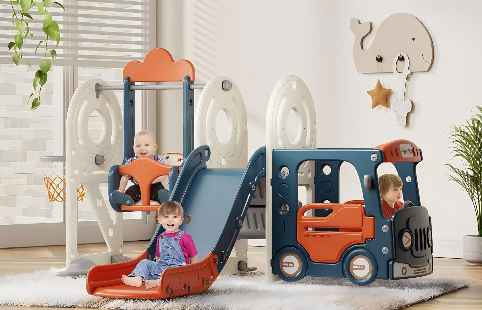 Suteck 5 in 1 Toddler Slide, Kids Slide with Climber,Bus Playhouse and ...