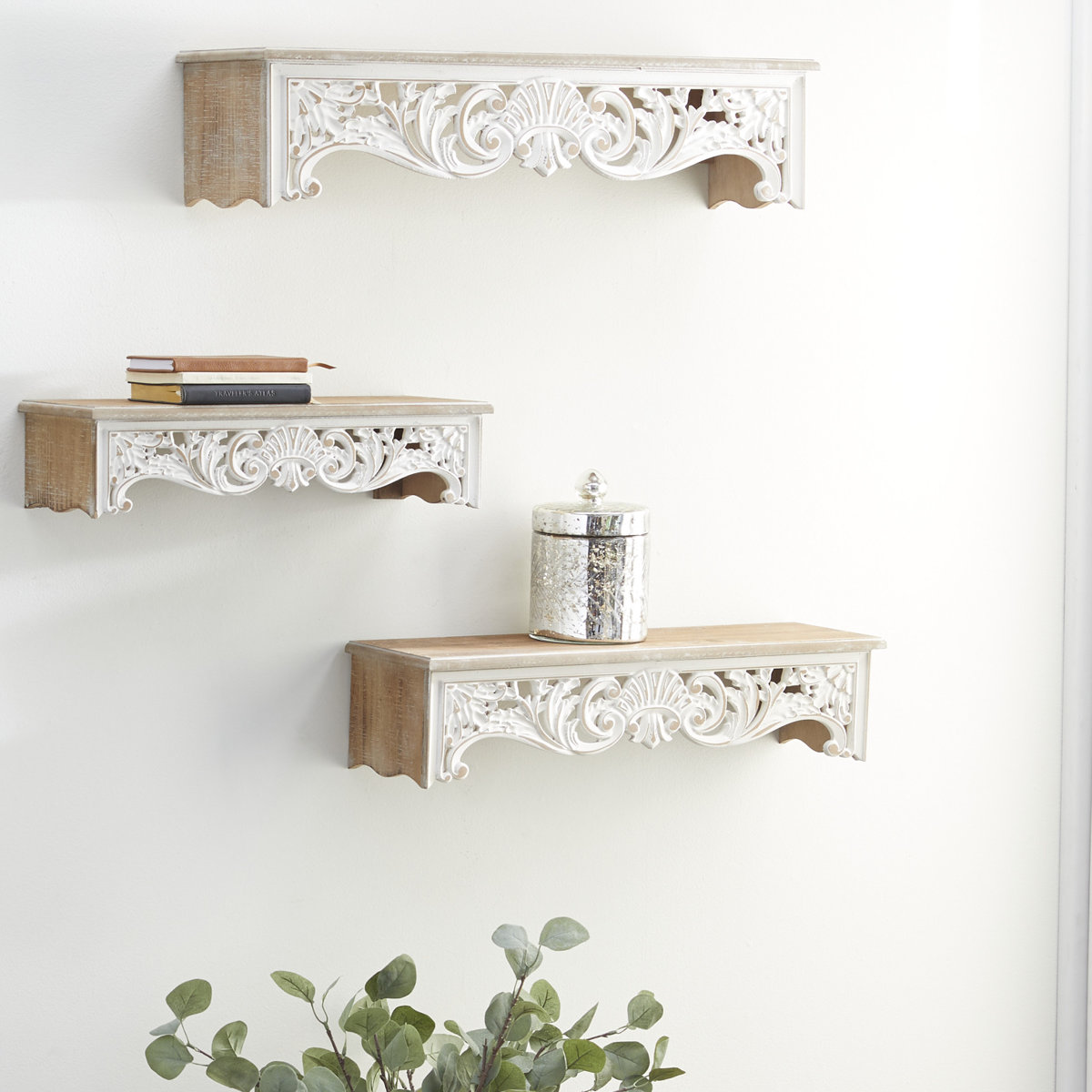 Bungalow Rose Cream Wooden Scroll Carved 3 Shelves Room Wall Shelf, Set ...