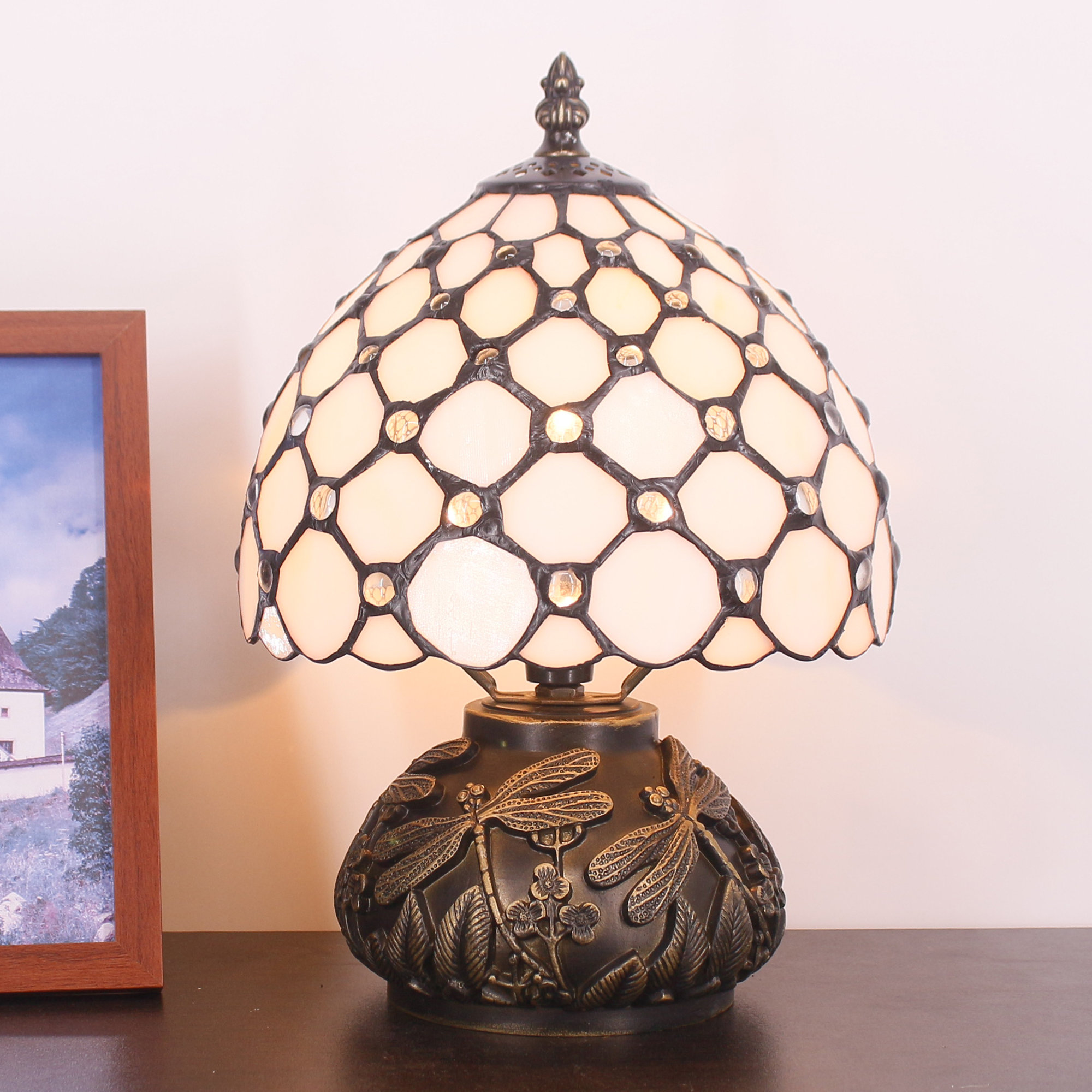 Astoria Grand Small Tiffany Lamp Mini Stained Glass Table Lamp Cream ...