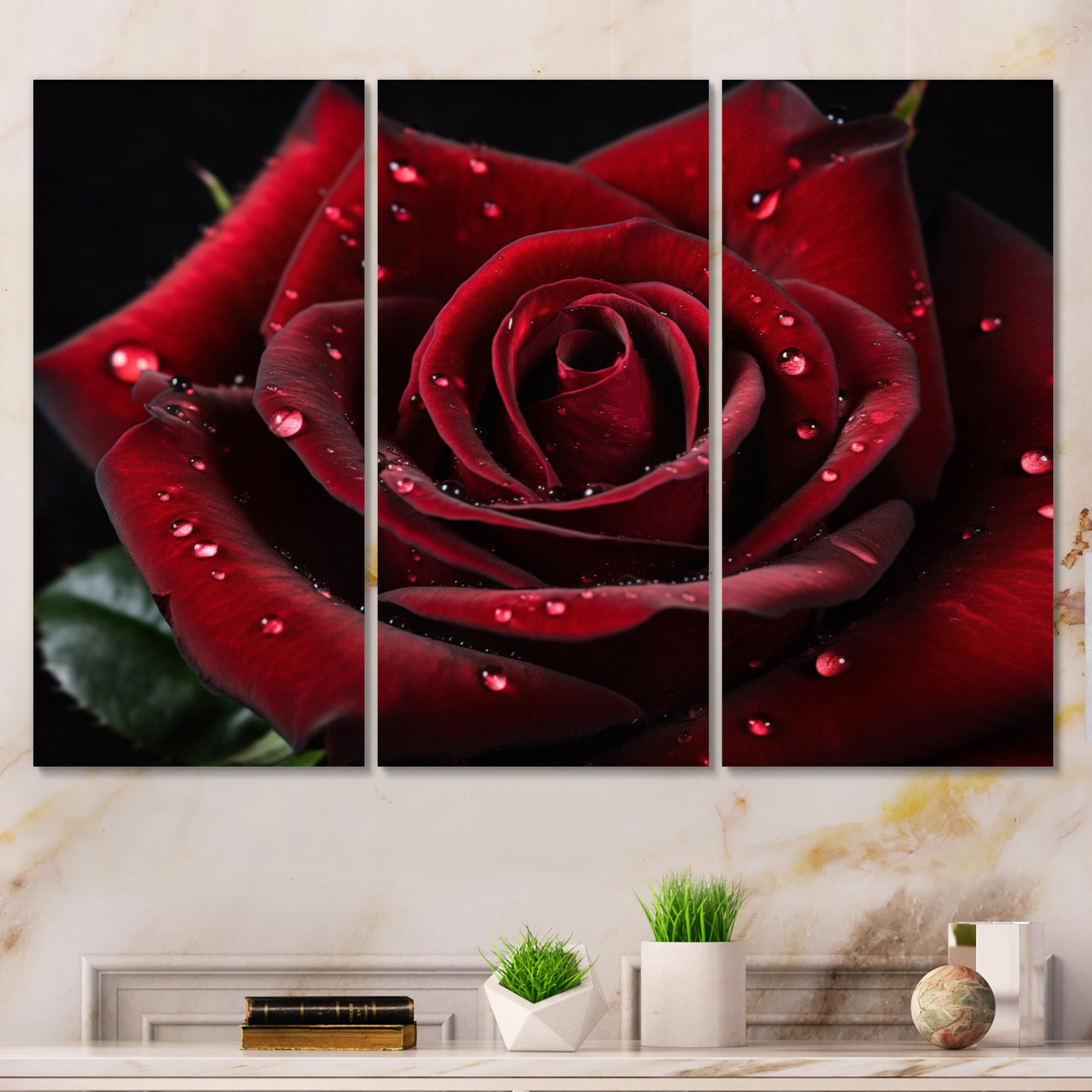 Design Art Red Rose With Raindrops V - Roses Metal Wall Art Set ...