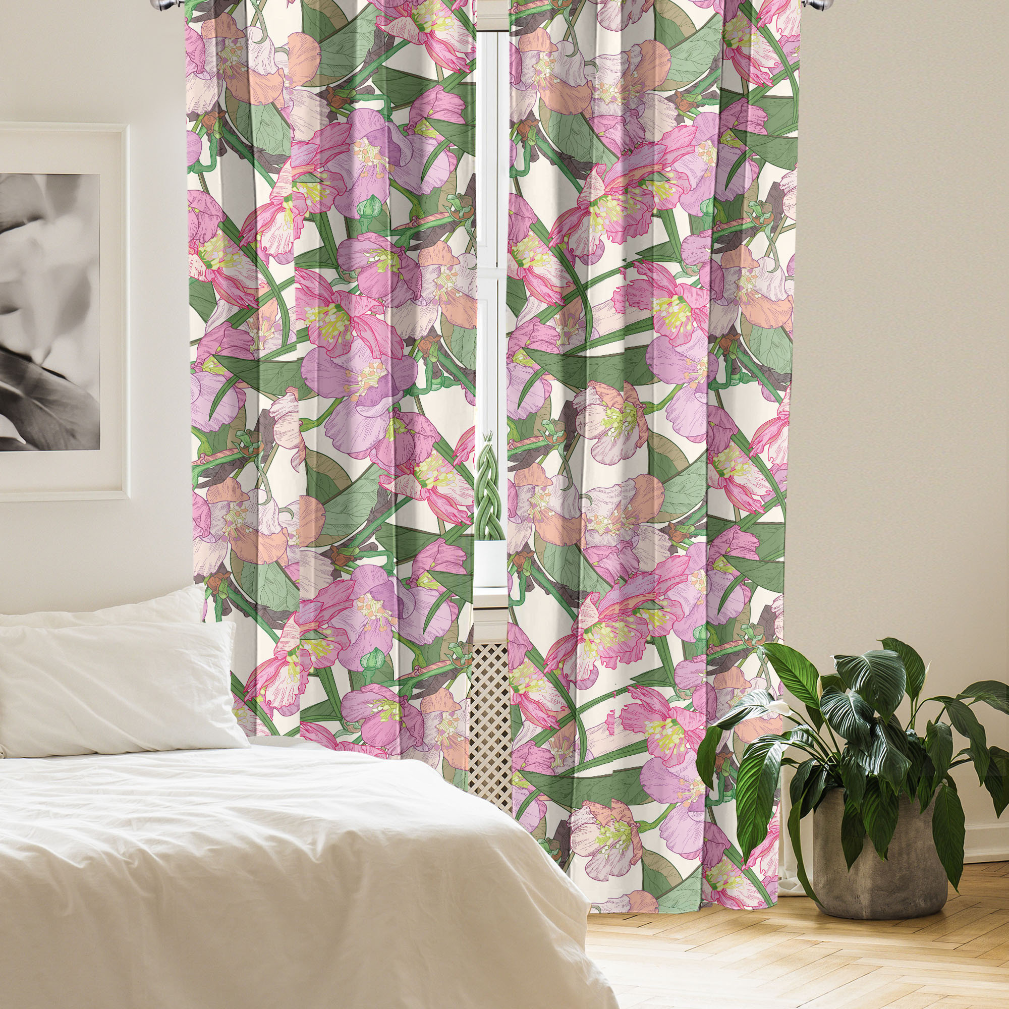 East Urban Home Floral Curtains Plum Tree Flowers Leaves Pair of Soft ...