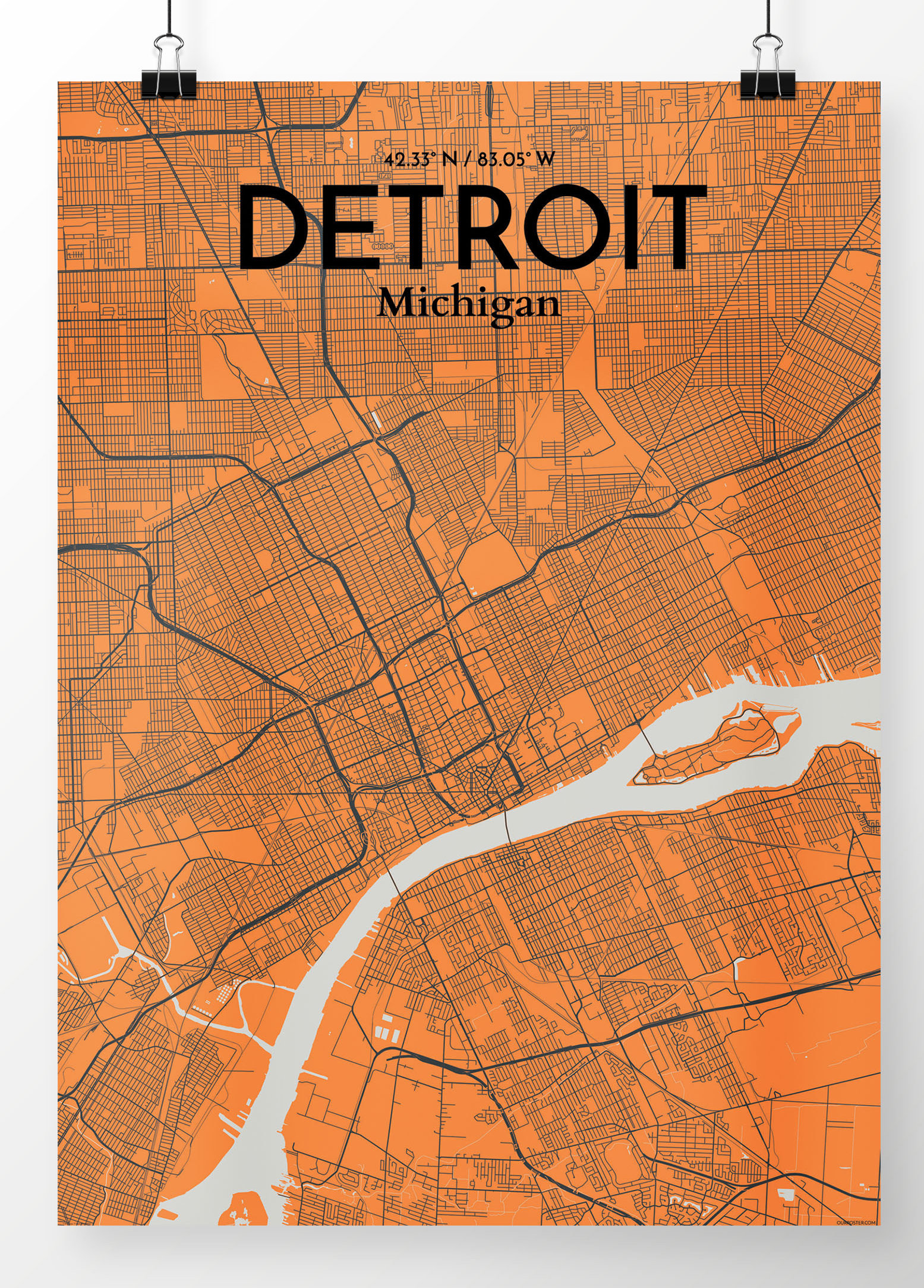 OurPoster.com 'Detroit City Map' Graphic Art Print Poster in Orange ...