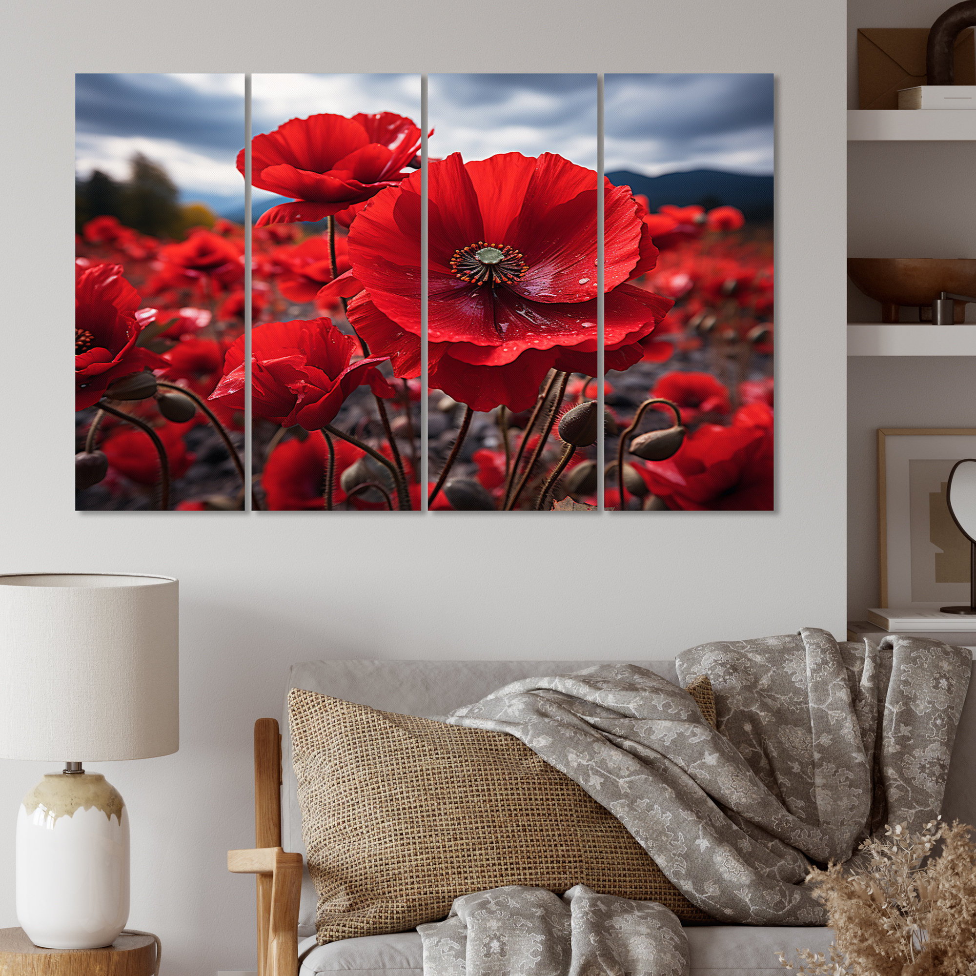 Design Art Flower Field Crimson Poppies - Floral Metal Wall Decor Set ...