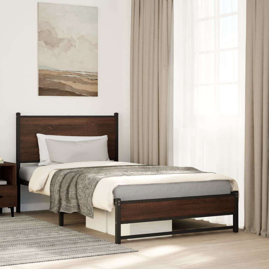 vidaXL Bed Frame Brown Oak Steel, Engineered Wood Twin Bed Frame | Wayfair