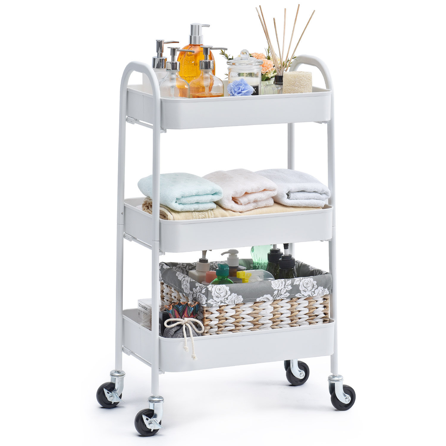 KINGRACK Metal Utility Cart, 3 Tier Rolling Cart With Lockable Wheels ...