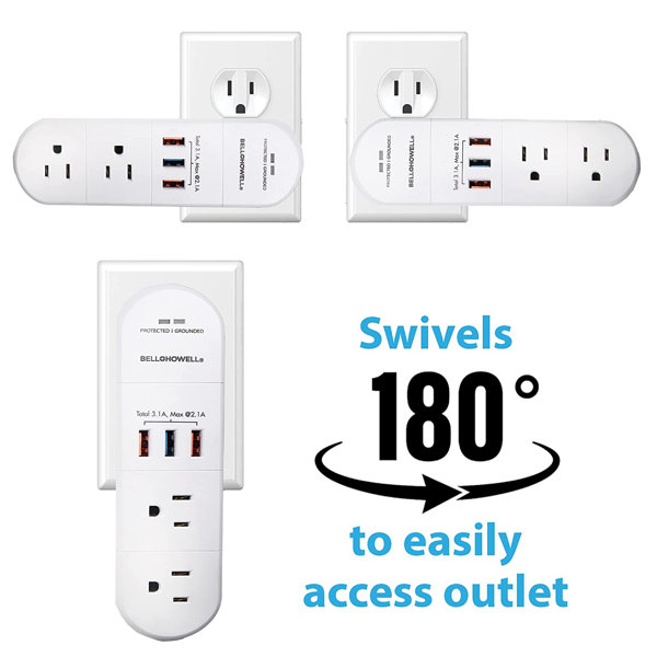 Bell + Howell 180 Degree Swivel Power Strip with 6 Power Outlets and 3 ...