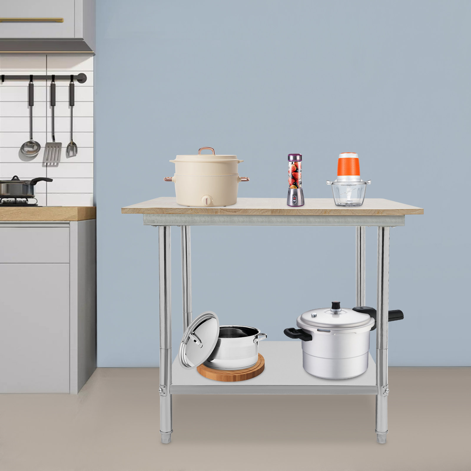 SUNYOU Stainless Steel Wood Kitchen Prep Table With Lower Shelf And ...
